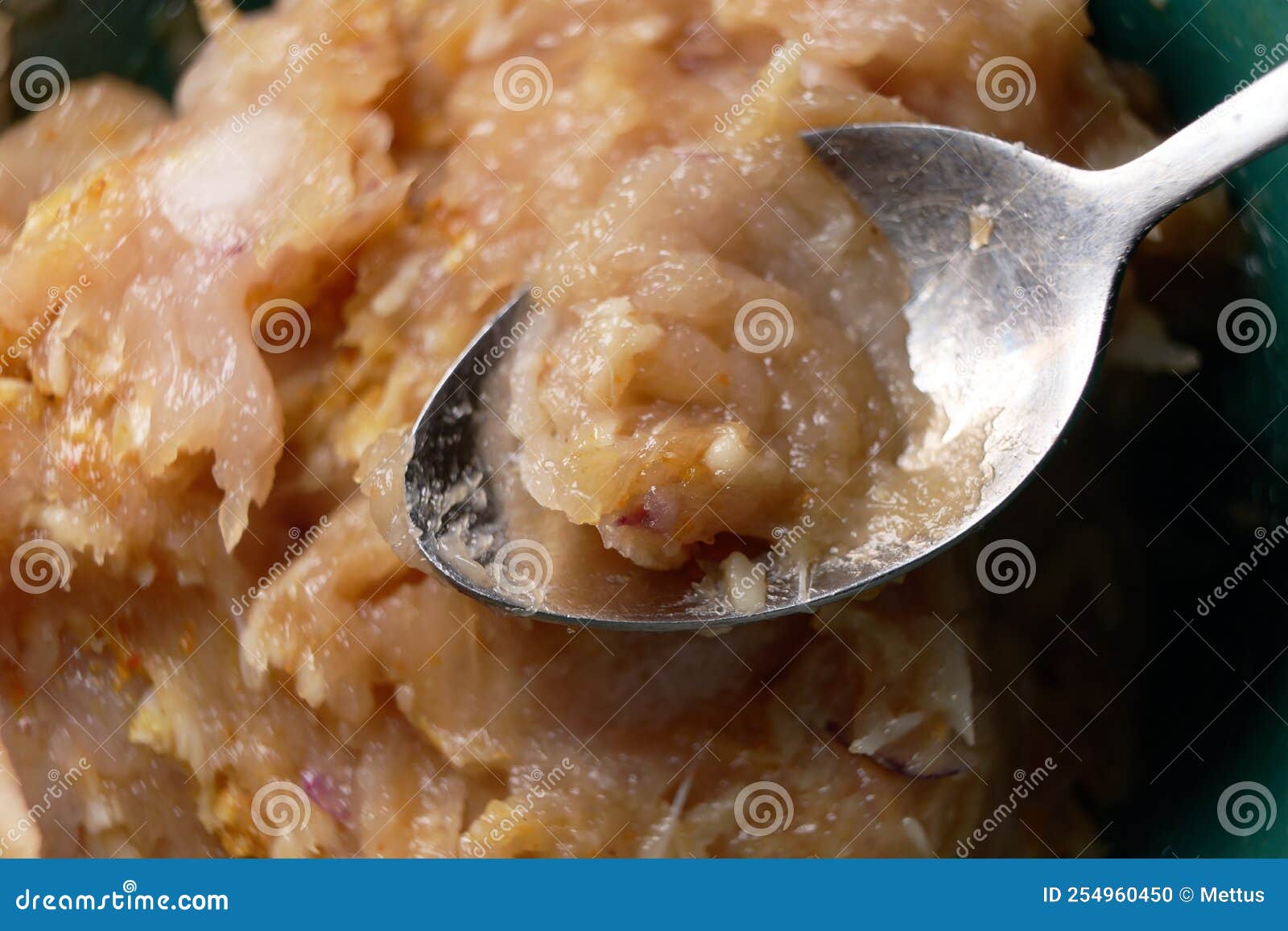Minced Pork with Spices, Minced Meat in Spoon - Top View Stock Photo ...