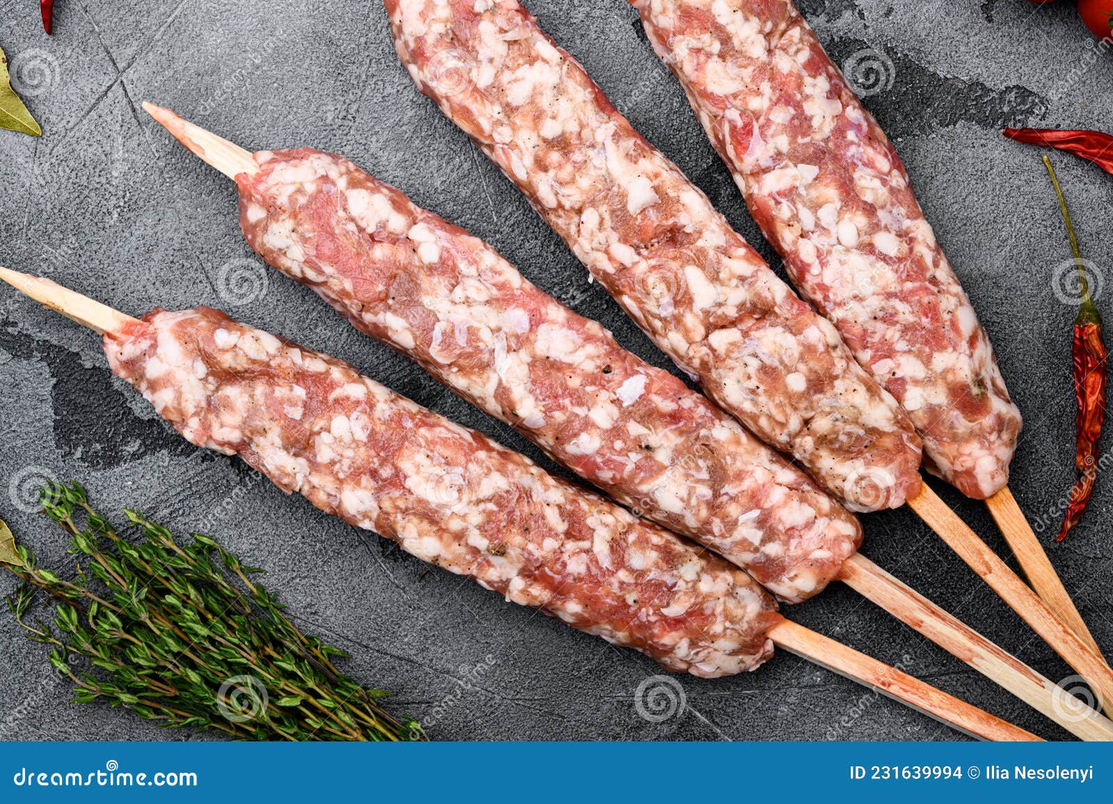 Minced and Shaped Lamb Mutton Kebabs, with Grill Ingredients, on Gray ...