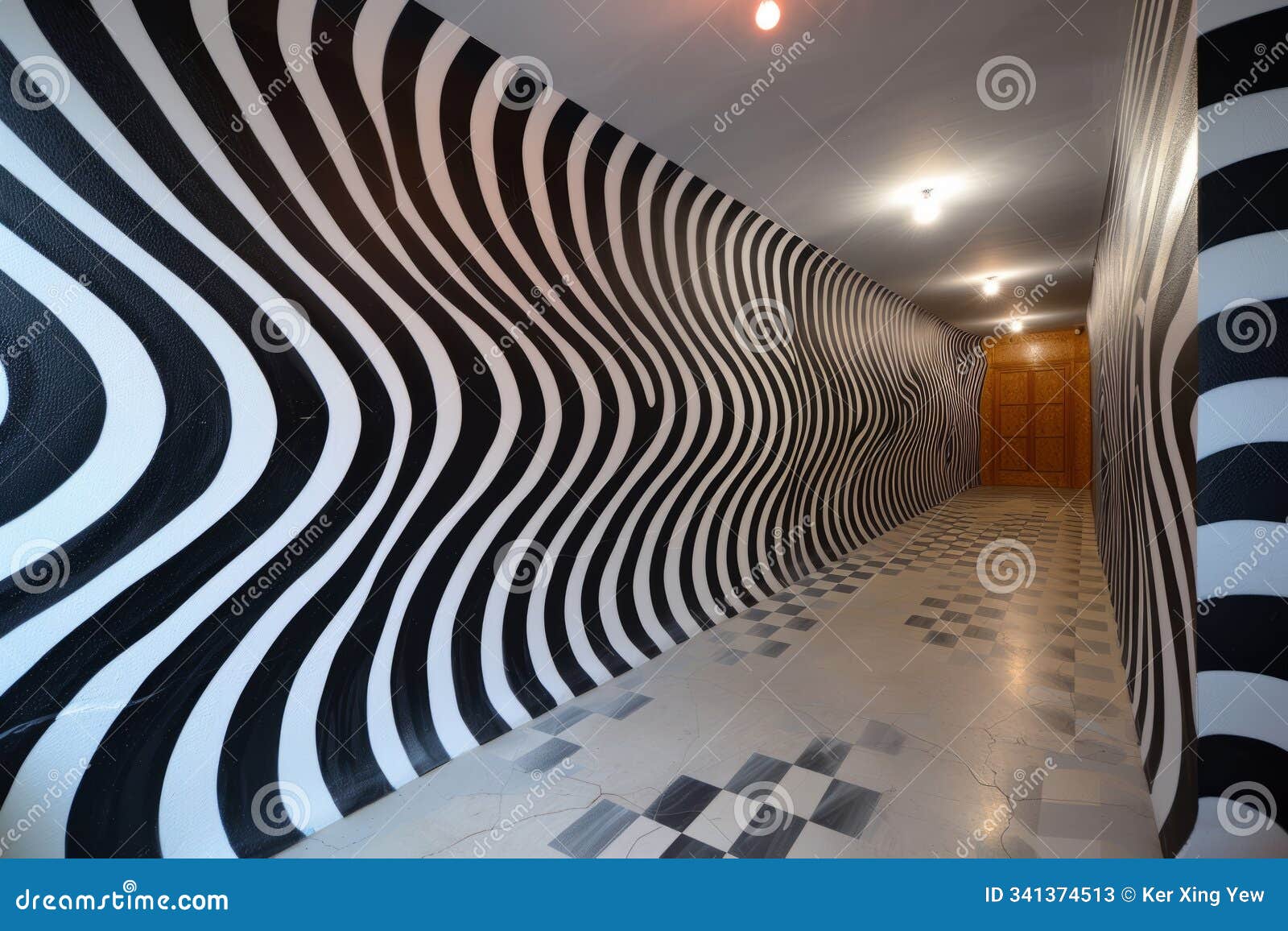Abstract Black and White Optical Illusion Hallway with Curved Lines and ...