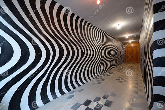 Abstract Black and White Optical Illusion Hallway with Curved Lines and ...