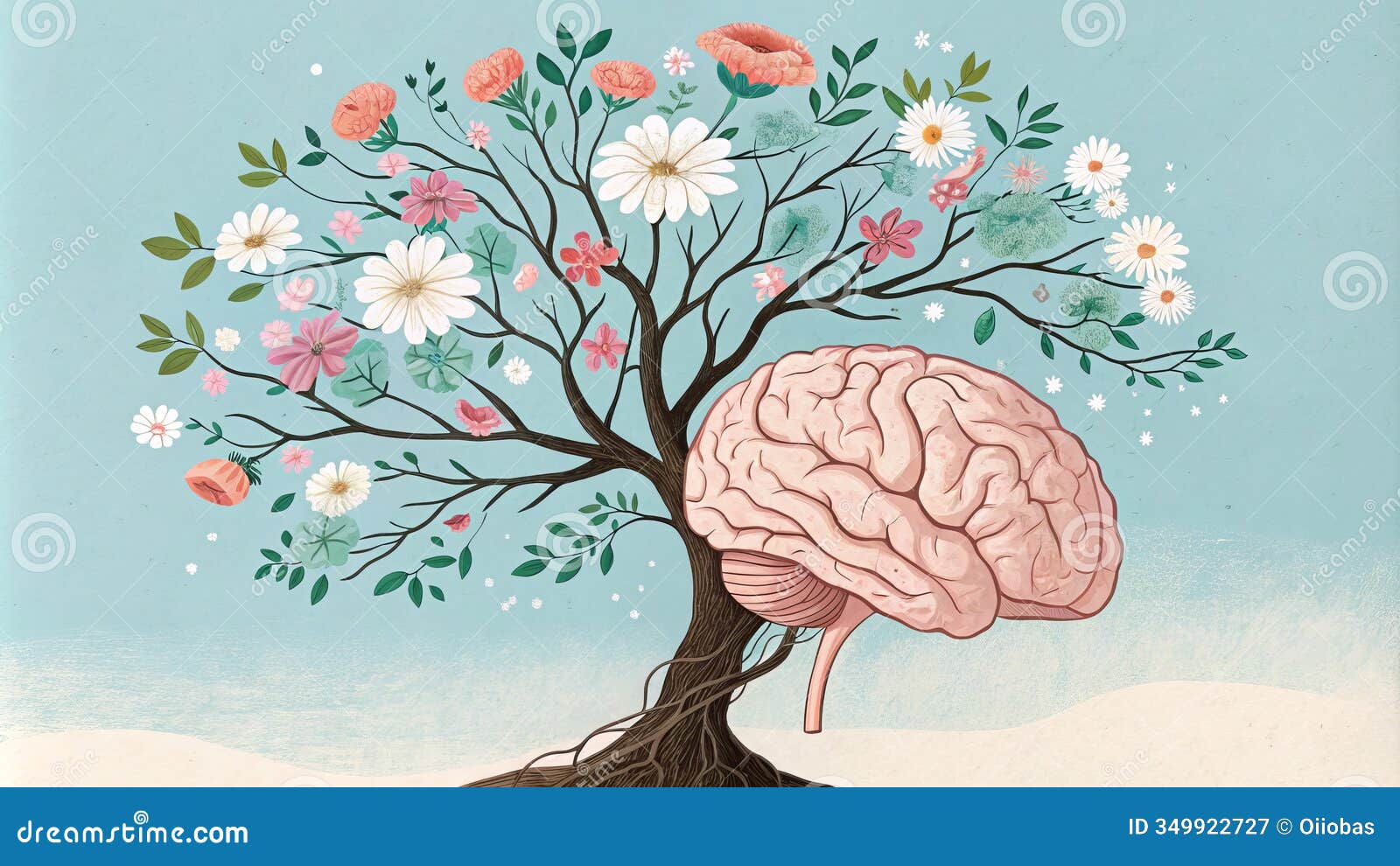 Mind Bloom Brain and Floral Tree, Pastel, Digital Illustration Stock ...