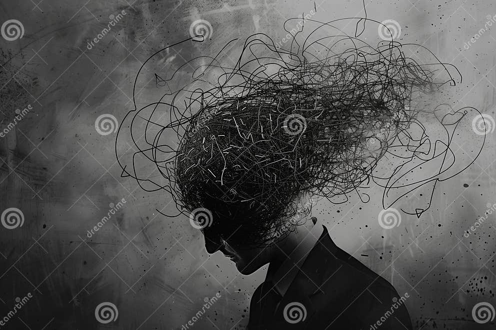 Mind Overload, Portrait of a Man with Head Exploding into Tangled Lines ...