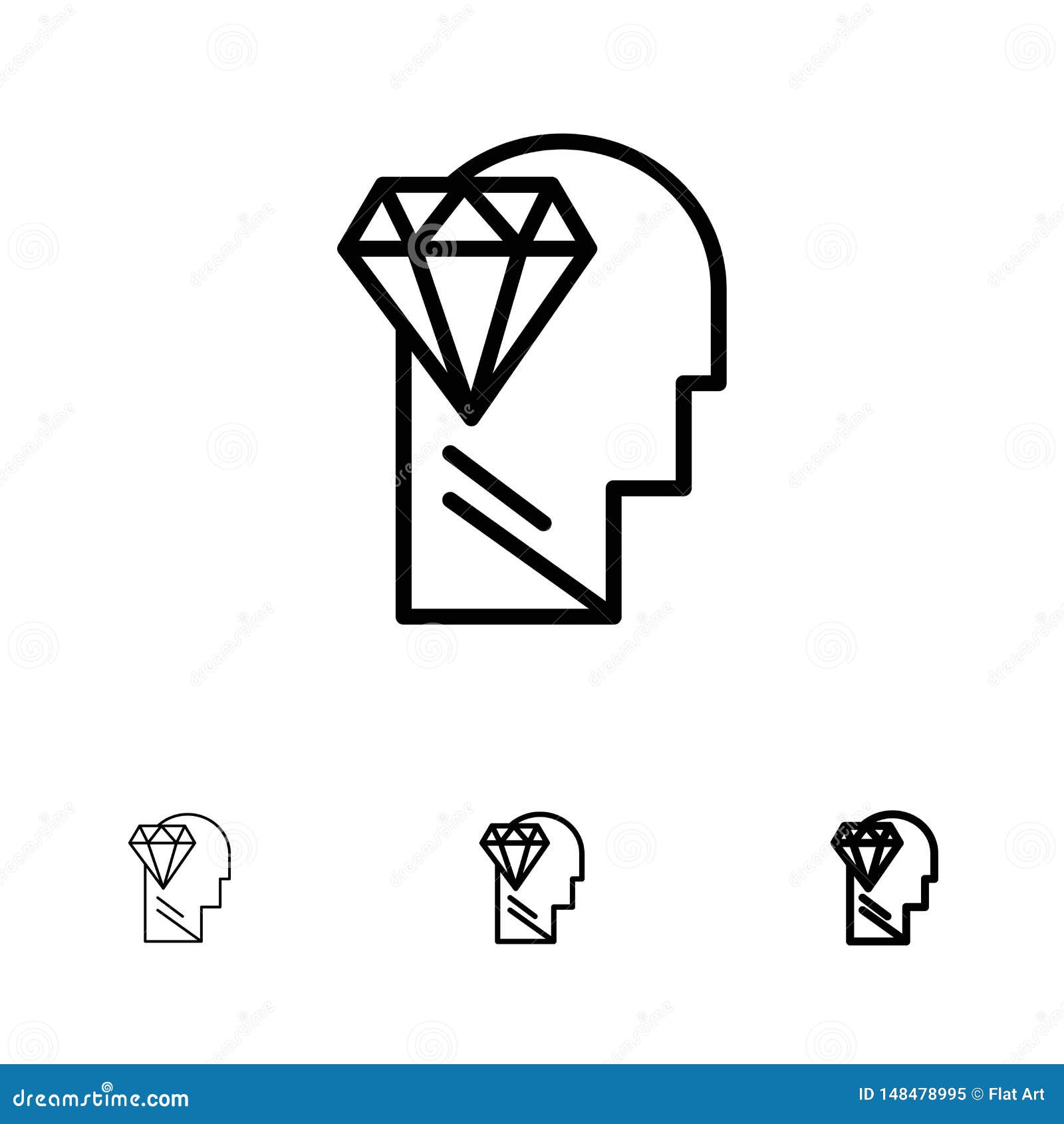 Mind, Perfection, Diamond, Head Bold and Thin Black Line Icon Set Stock ...