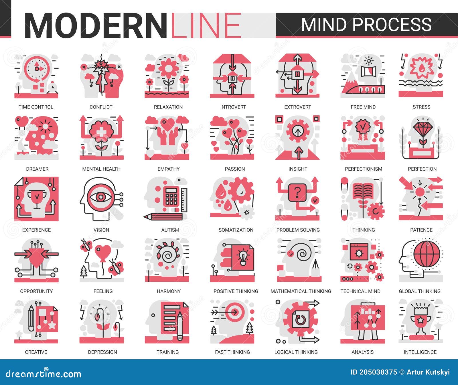 Mind Process Complex Flat Line Icon Vector Illustration Set. Red Black ...