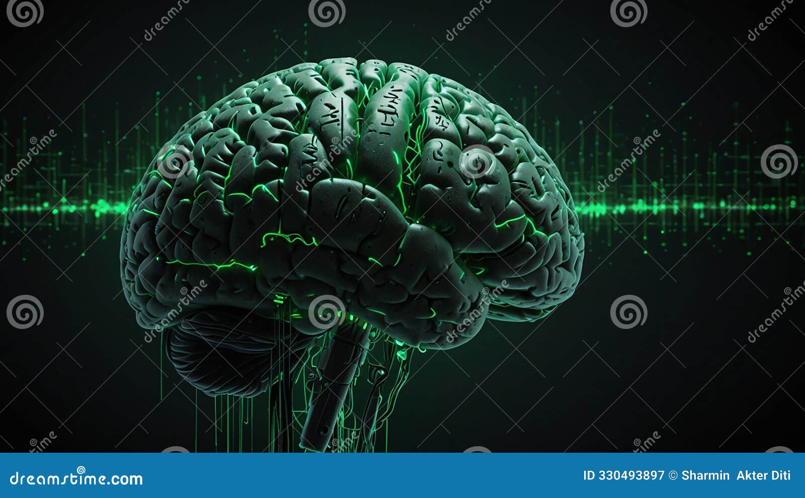 Mind Programming: an Abstract Visual of a Brain with Green Circuitry Lighting Up Stock ...
