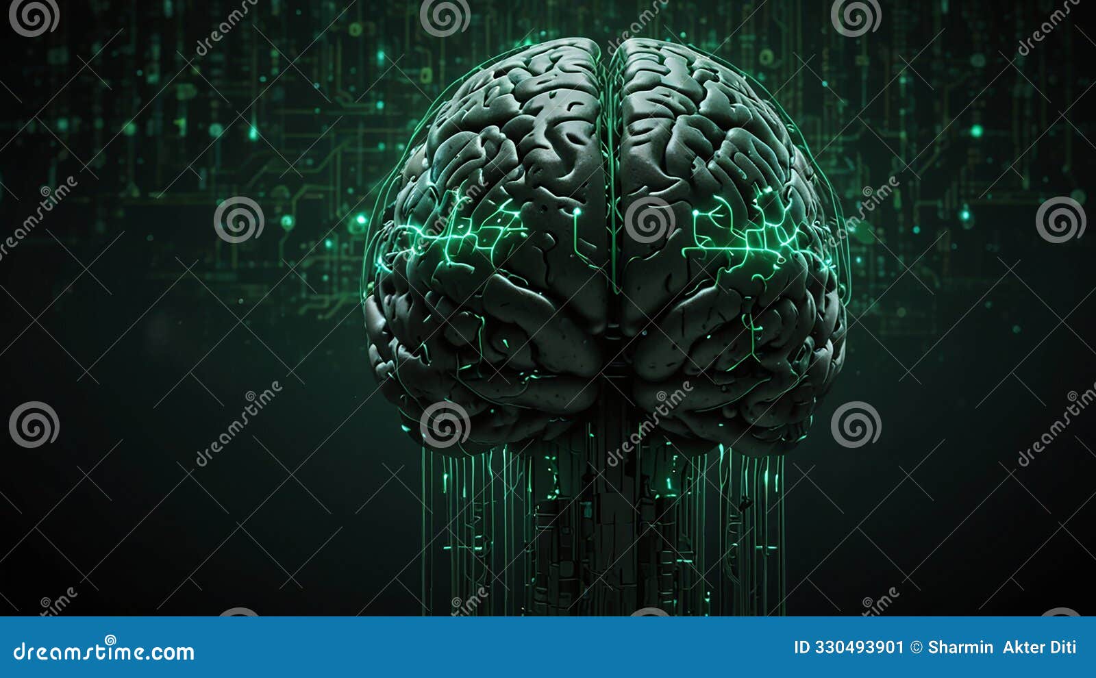 Mind Programming: an Abstract Visual of a Brain with Green Circuitry Lighting Up Stock ...