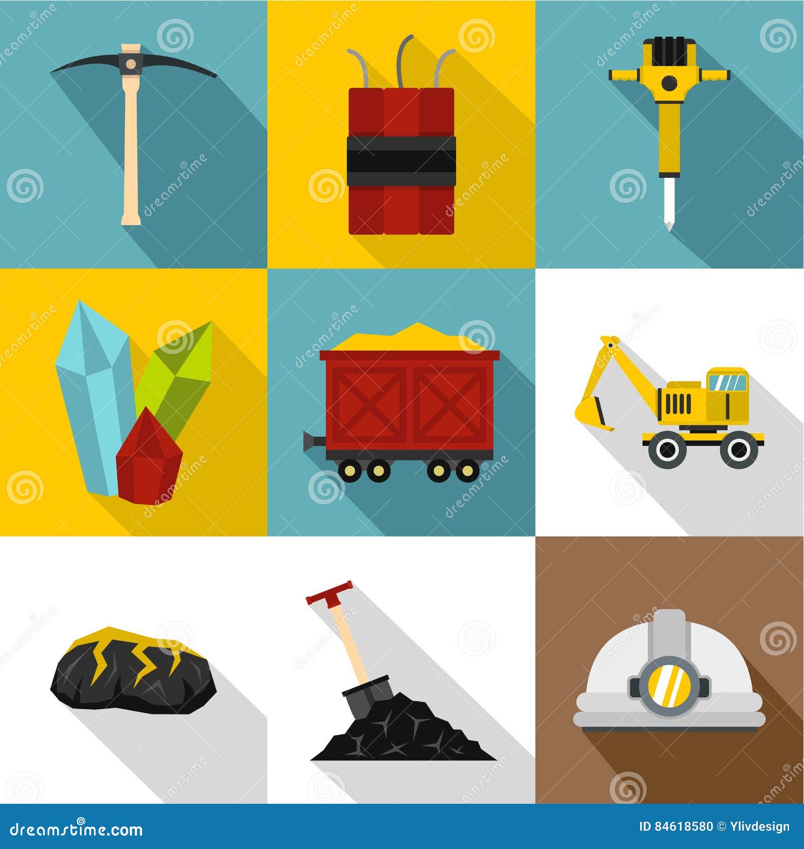 Mine icons set, flat style stock vector. Illustration of excavation ...