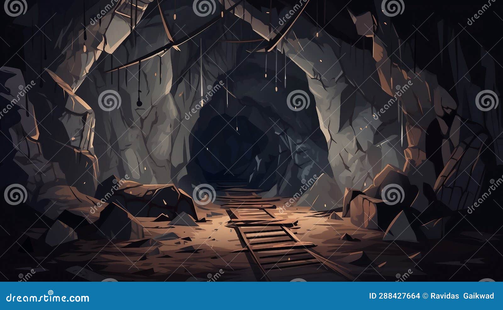 Mine Tunnel Inside Cave with Train Track Illustration AI Generated ...
