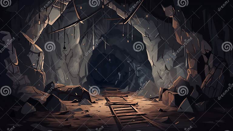 Mine Tunnel Inside Cave with Train Track Illustration AI Generated ...