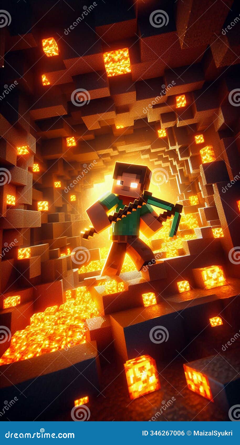 A Miner Using a Pickaxe in a Glowing Cave from Minecraft. Perfect for ...