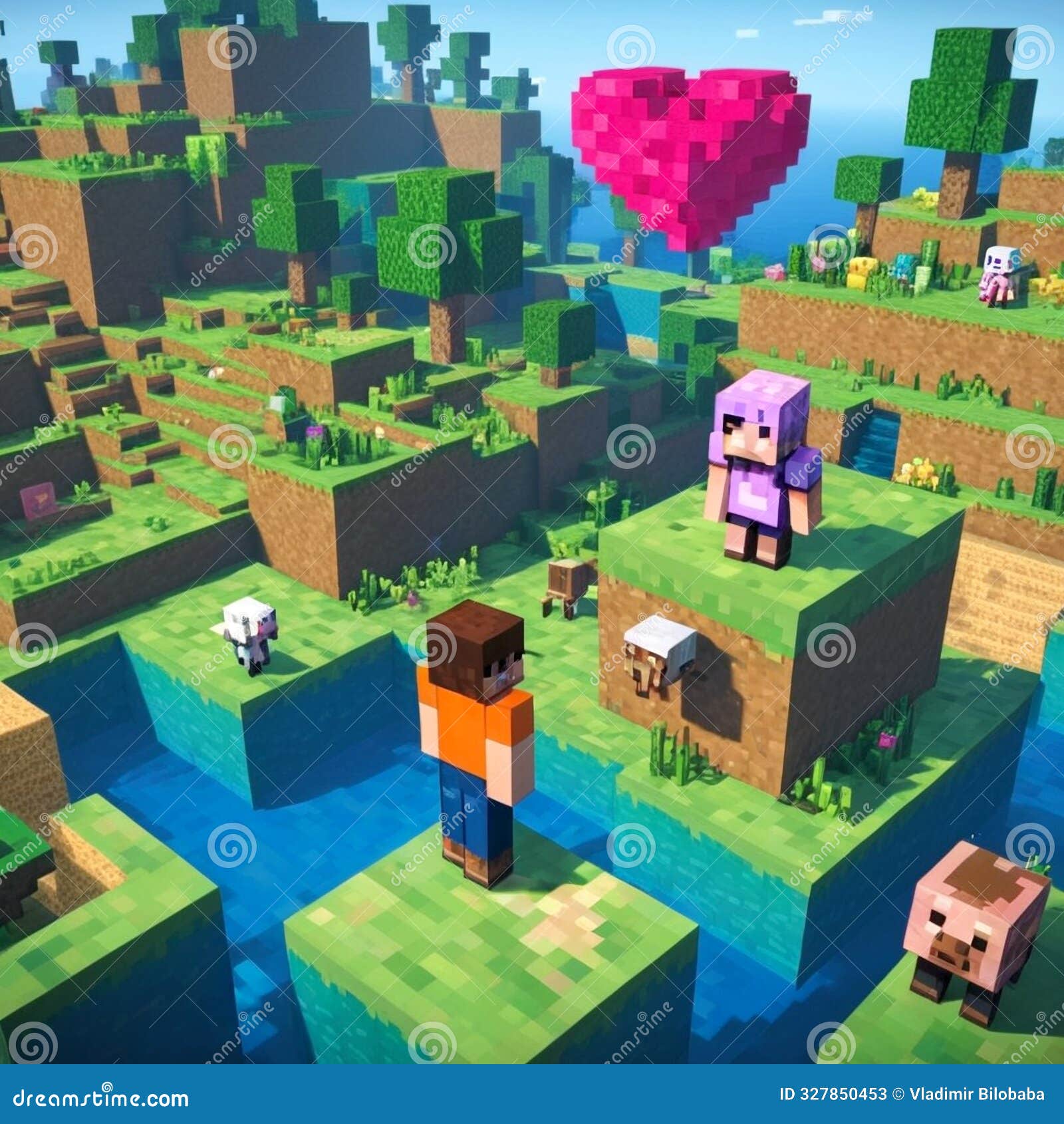 Minecraft Characters Exploring Lush Landscape Stock Image ...