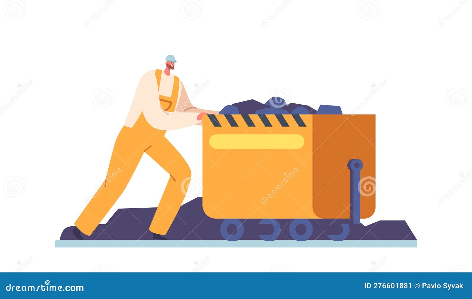 Miner Character With Trolley, Worker Pushing Wheeled Cart Filled With ... Miner Character With Trolley, Worker Pushing Wheeled Cart Filled With ...
