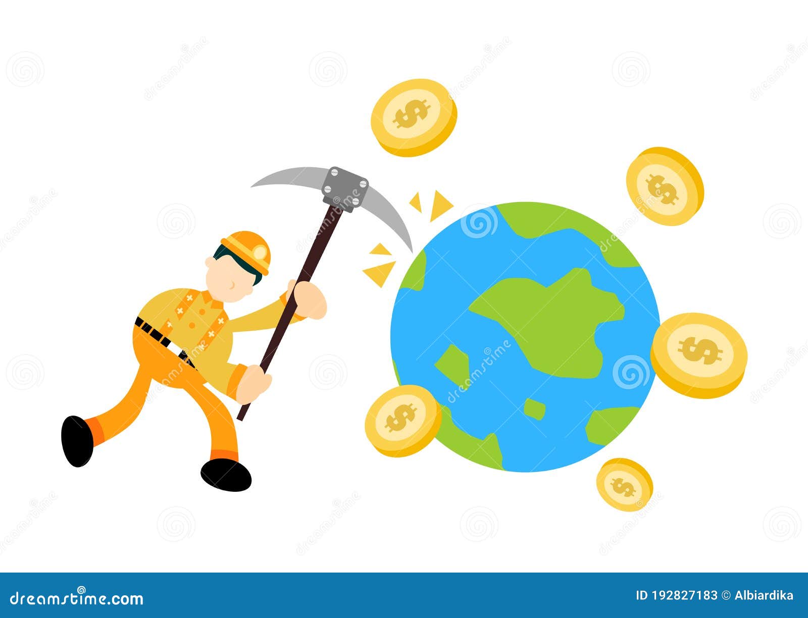 Miner Worker Mining Dollar Money from World Earth Globe Cartoon Doodle ...