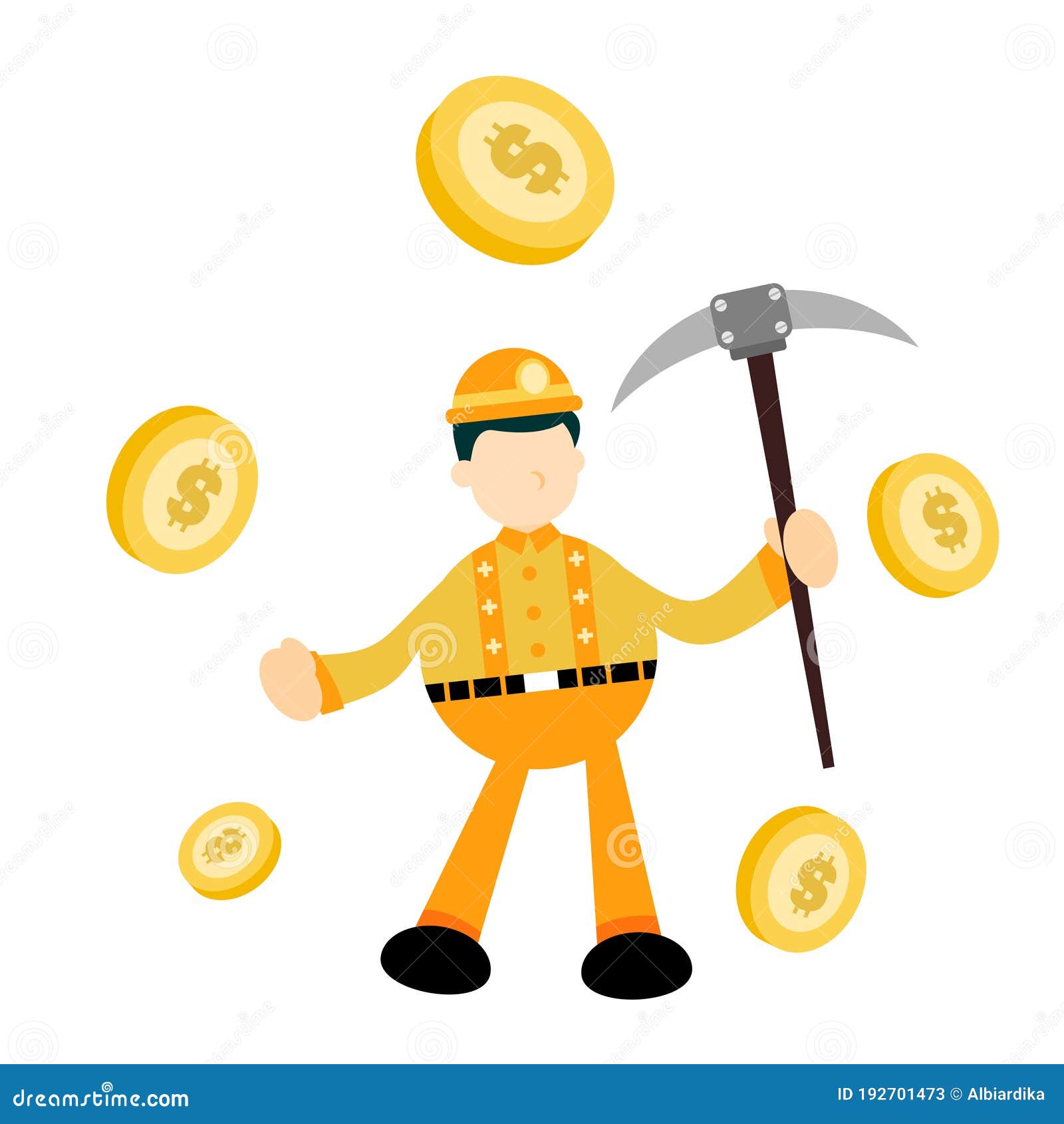 Miner Worker Man and Gold Coin Money Dollar Mining Cartoon Doodle Flat ...
