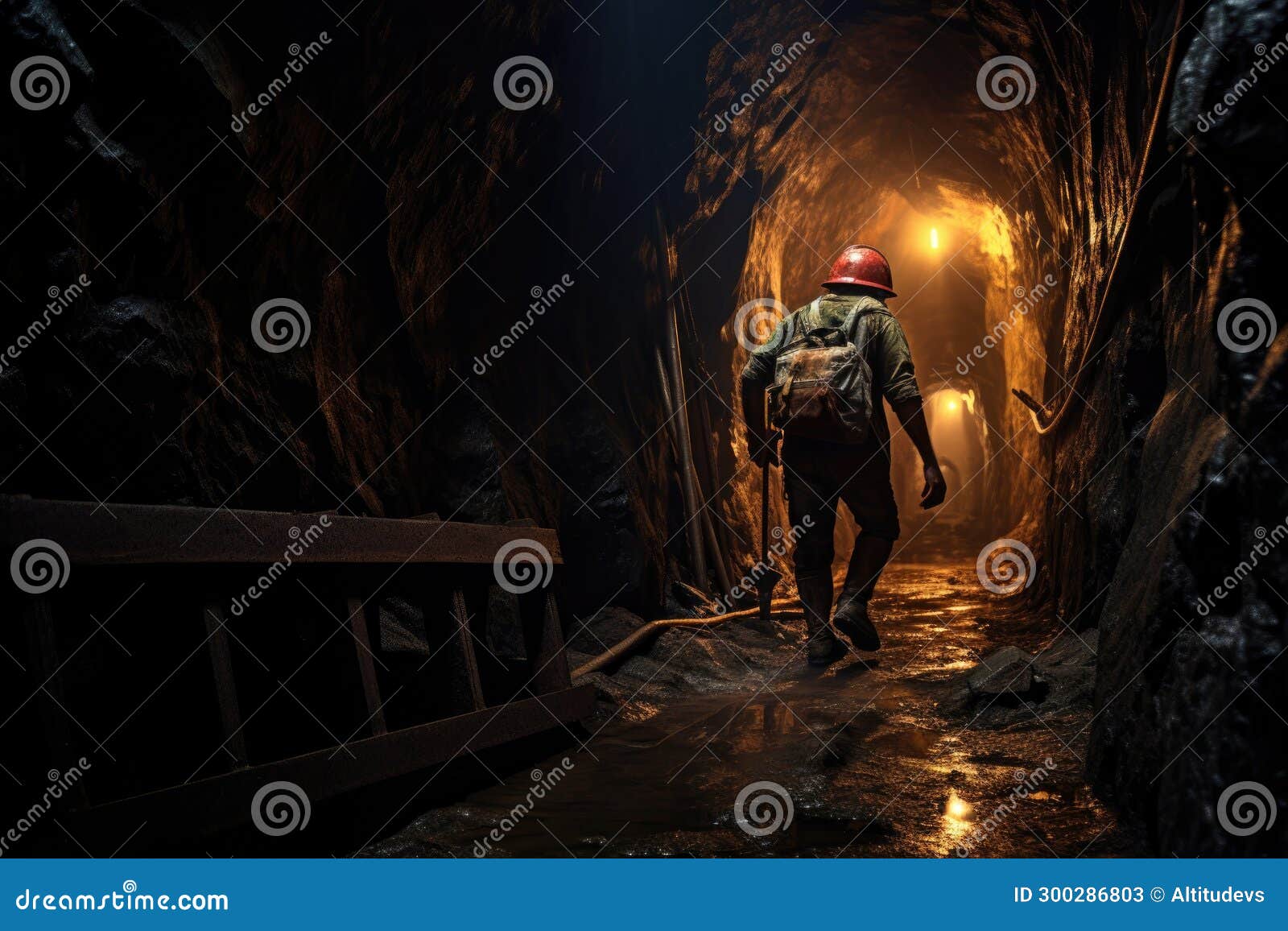 Miner with Hard Hat and Pickaxe in a Dimly Lit Tunnel Stock Image ...