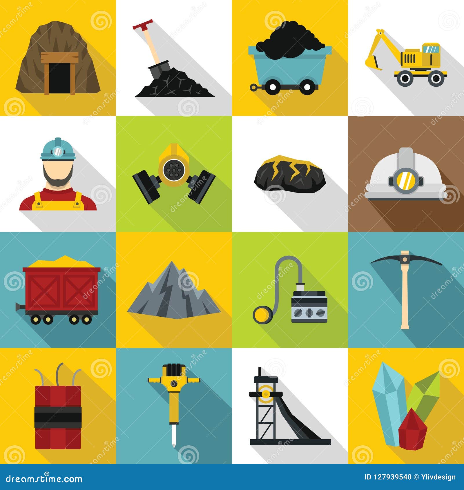 Miner Icons Set, Flat Style Stock Illustration - Illustration of fuel, bulldozer: 127939540