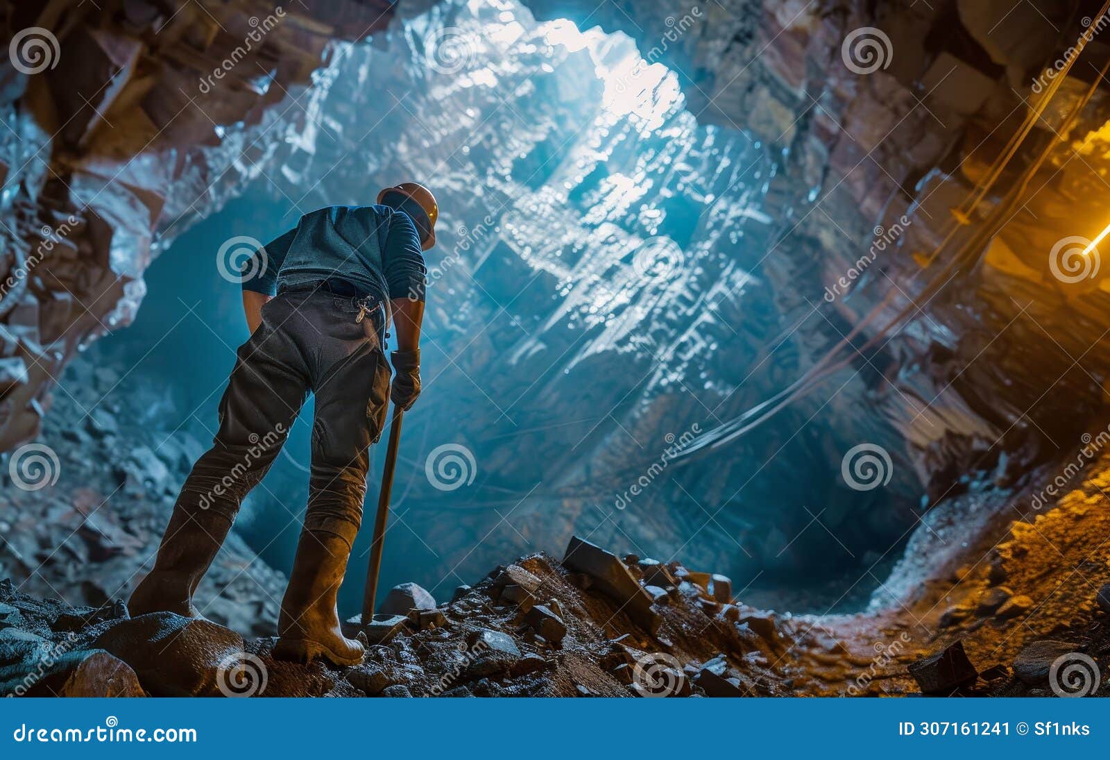 Miner Pausing To Overlook the Expanse of a Sprawling Mine Shaft. Stock ...