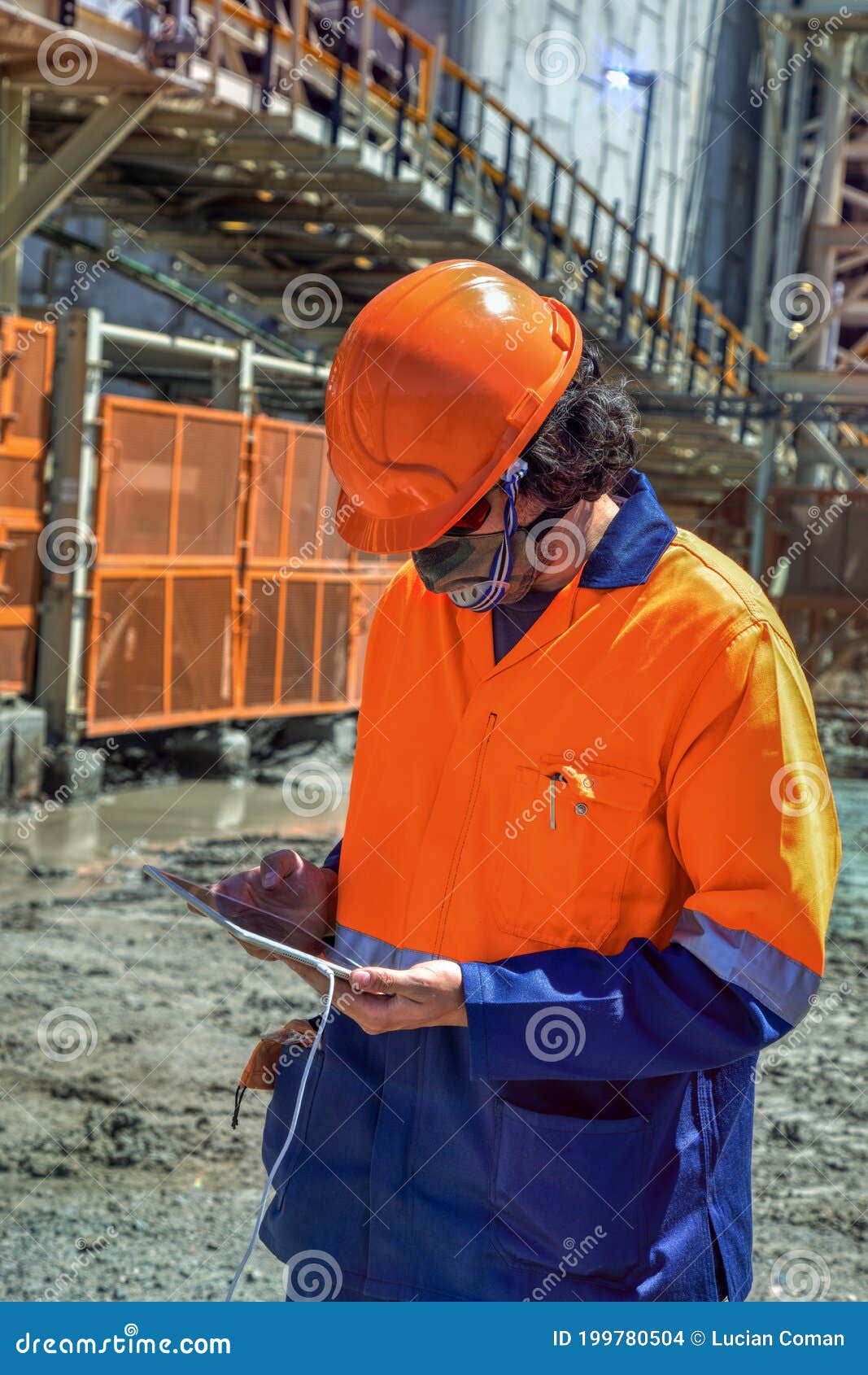Miner with tablet stock photo. Image of facemask, mask - 199780504