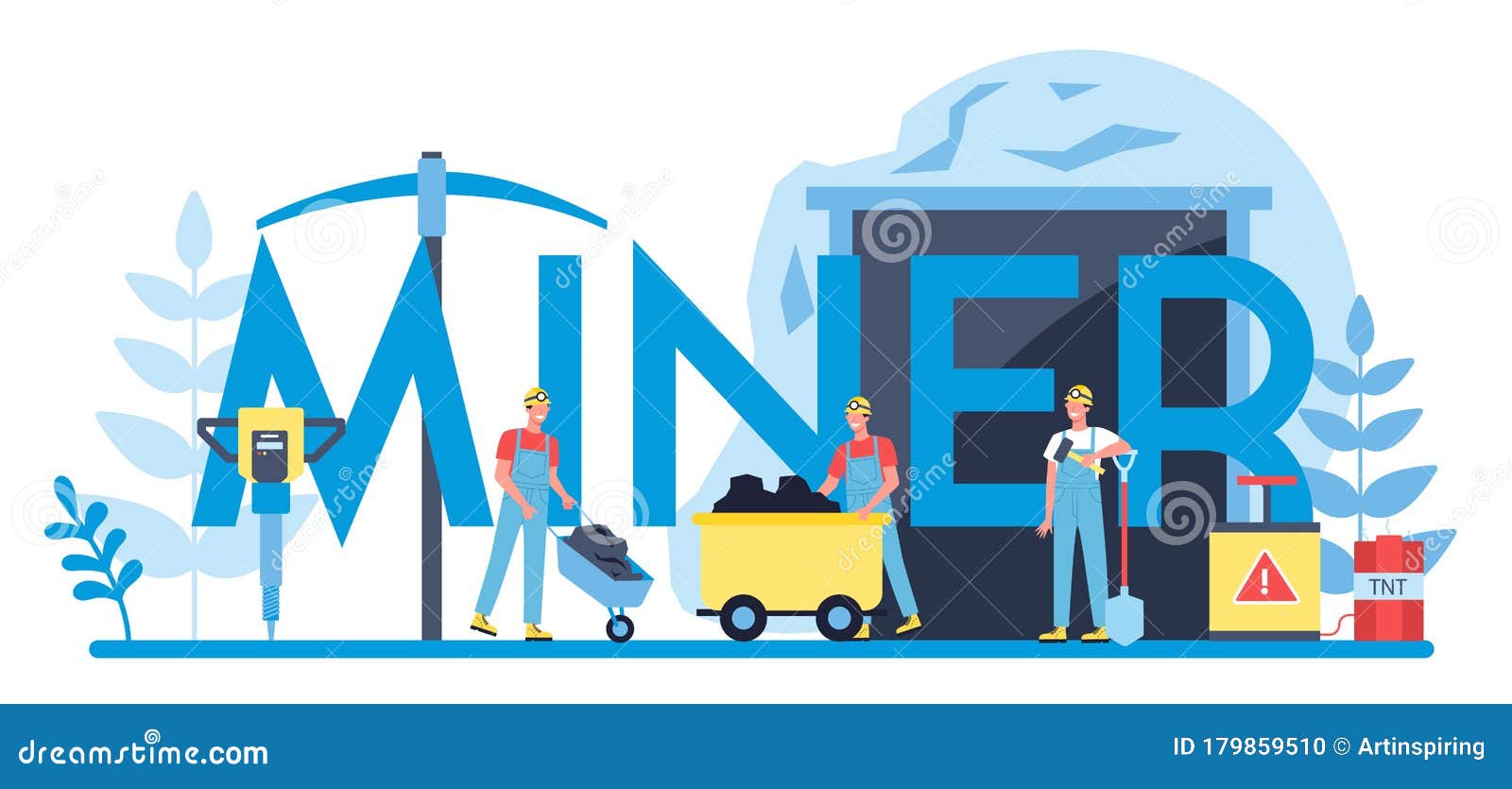 Miner Typographic Header Concept. Worker in Uniform and Helmet Stock ...