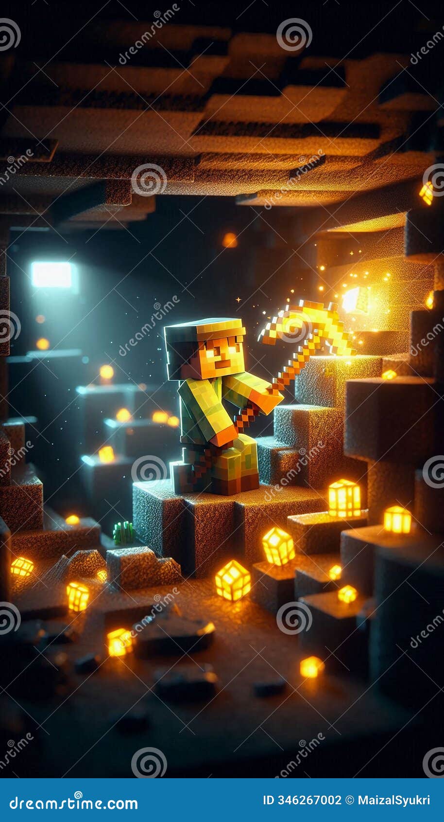 A Miner Using a Pickaxe in a Glowing Cave from Minecraft. Perfect for ...