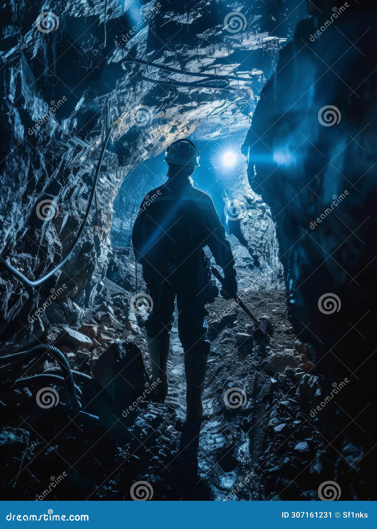 Miner Walking with a Purpose through the Rugged Terrain of a Deep Mine ...