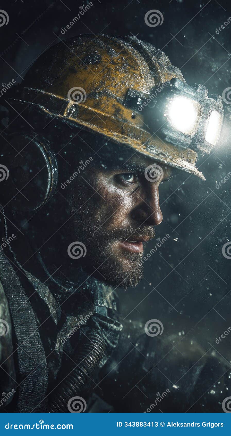 Miner Working Underground, Intense Concentration on His Face, Helmet ...