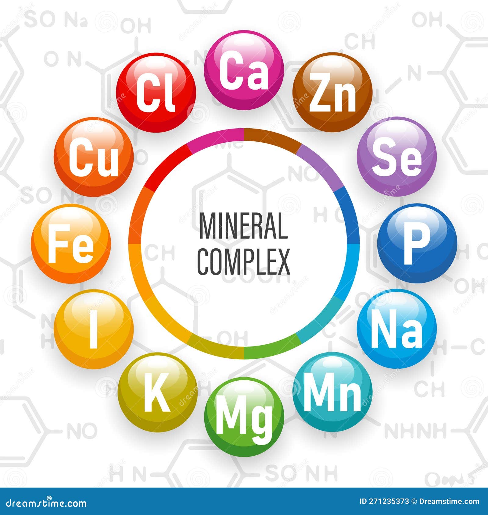 Mineral Complex Of Healthy Nutrition. Illustration Of Mineral Icons On ... Mineral Complex Of Healthy Nutrition. Illustration Of Mineral Icons On ...