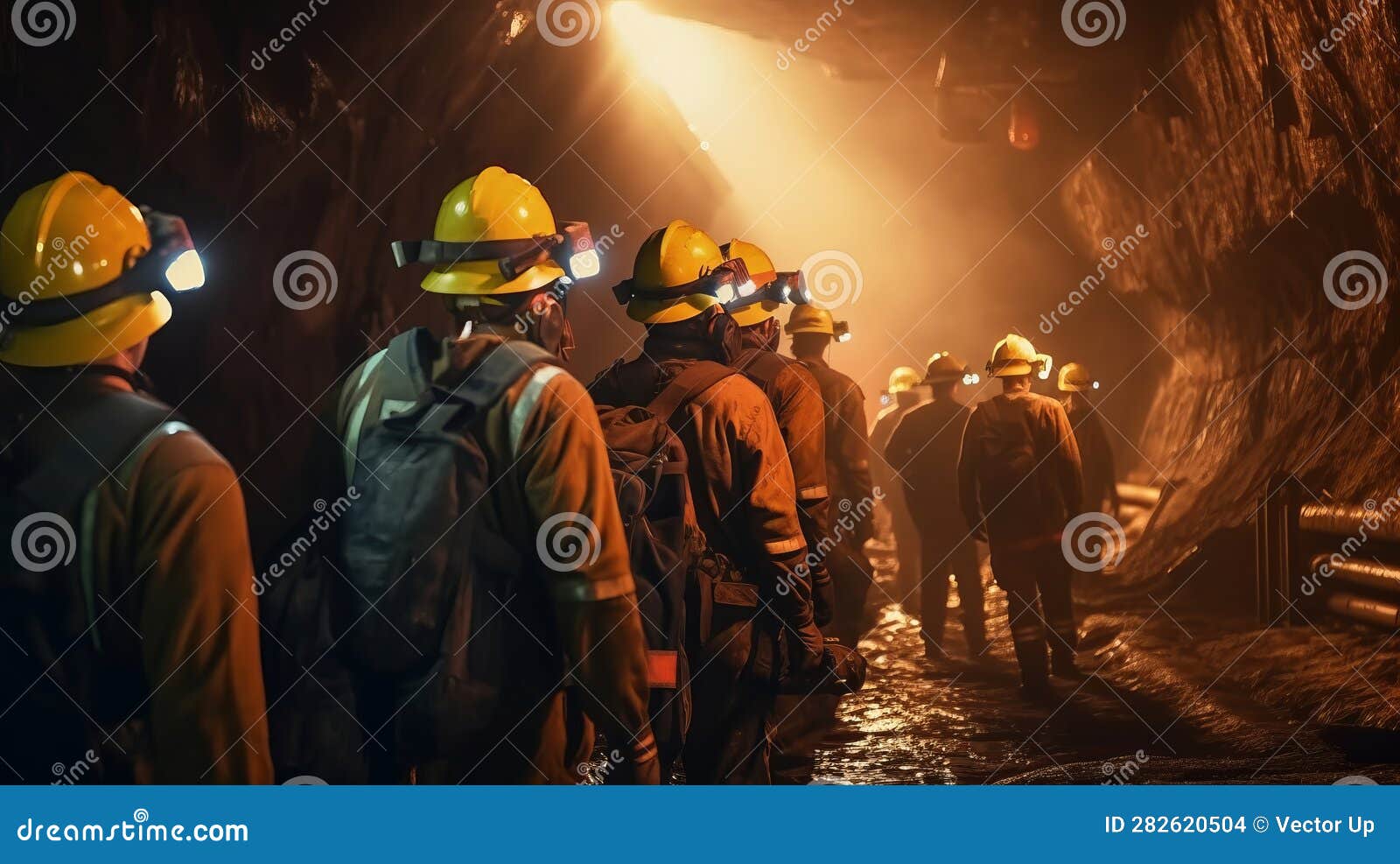 Miners Inside the Mine in Protective Gear and Helmets. Generative AI ...