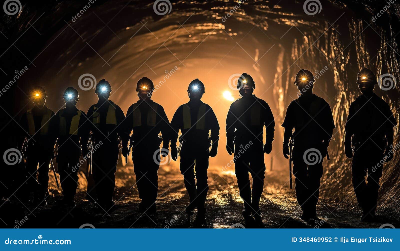 Miners Silhouette, Team of Coal Miners Walking into Underground Mine ...