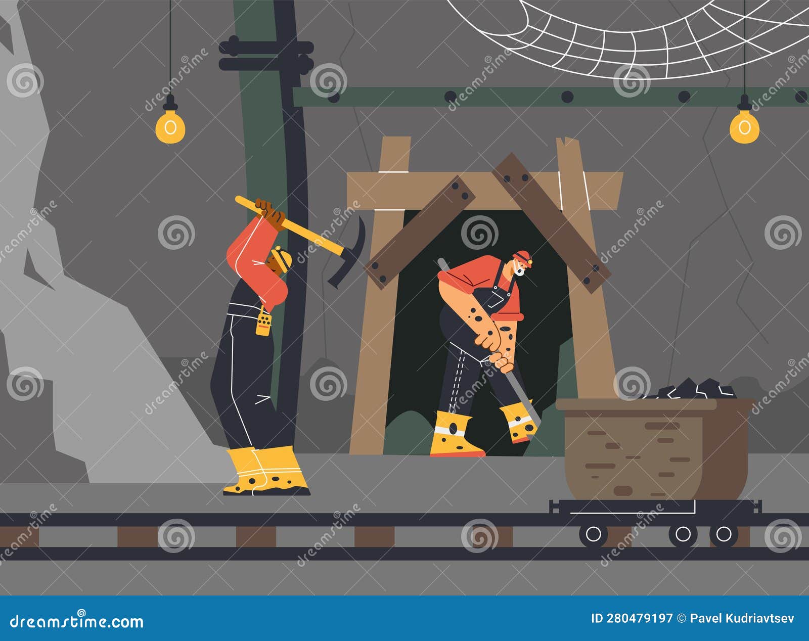 Miners Using Pickaxe and Shovel Extracting Coal and Minerals ...