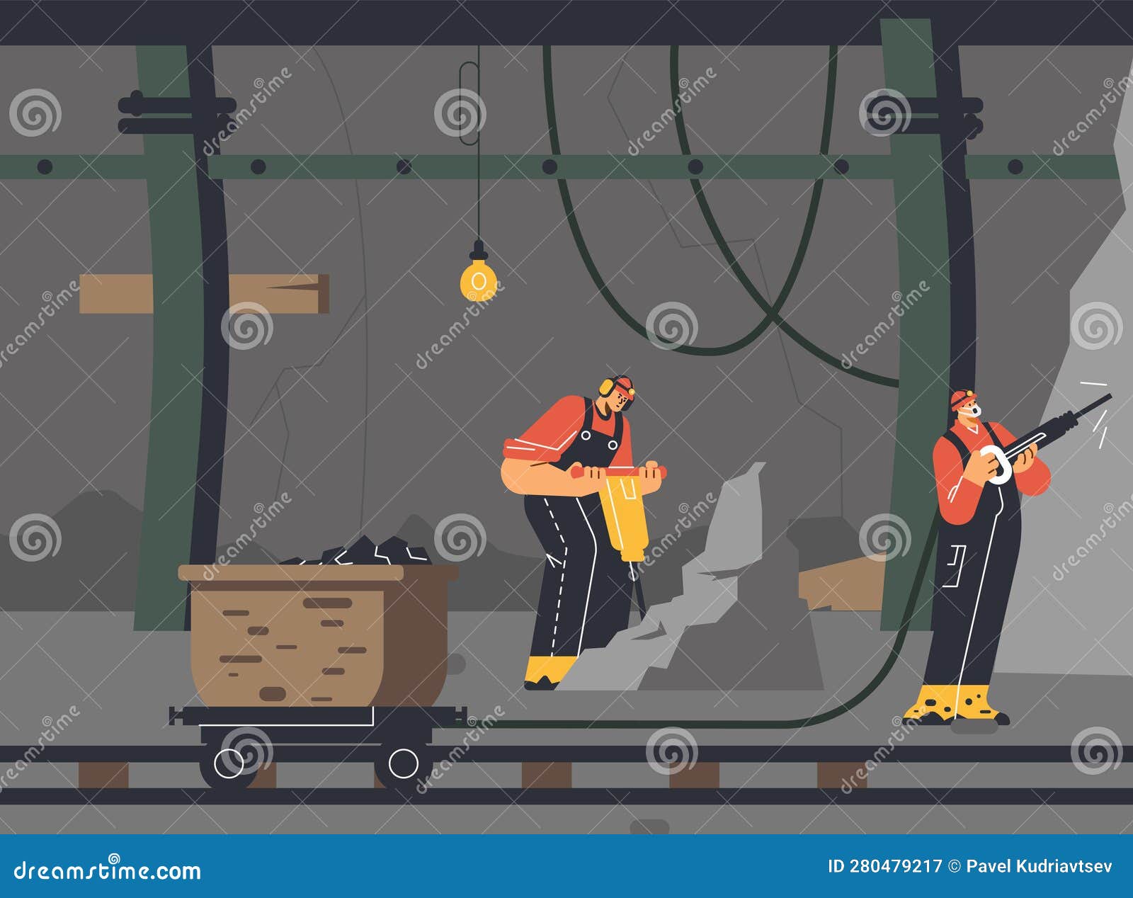 Miners At Work, Male Workers Characters Wear Uniform And Helmet Working ...