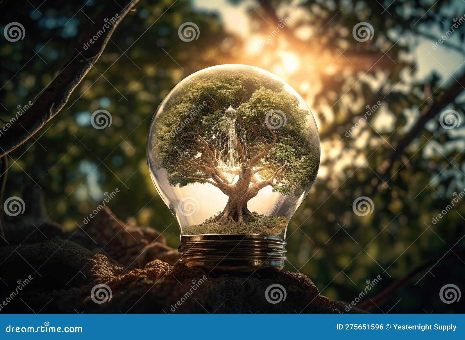 Mini Beautiful Tree Inside a Lightbulb while a Forest is in the ...