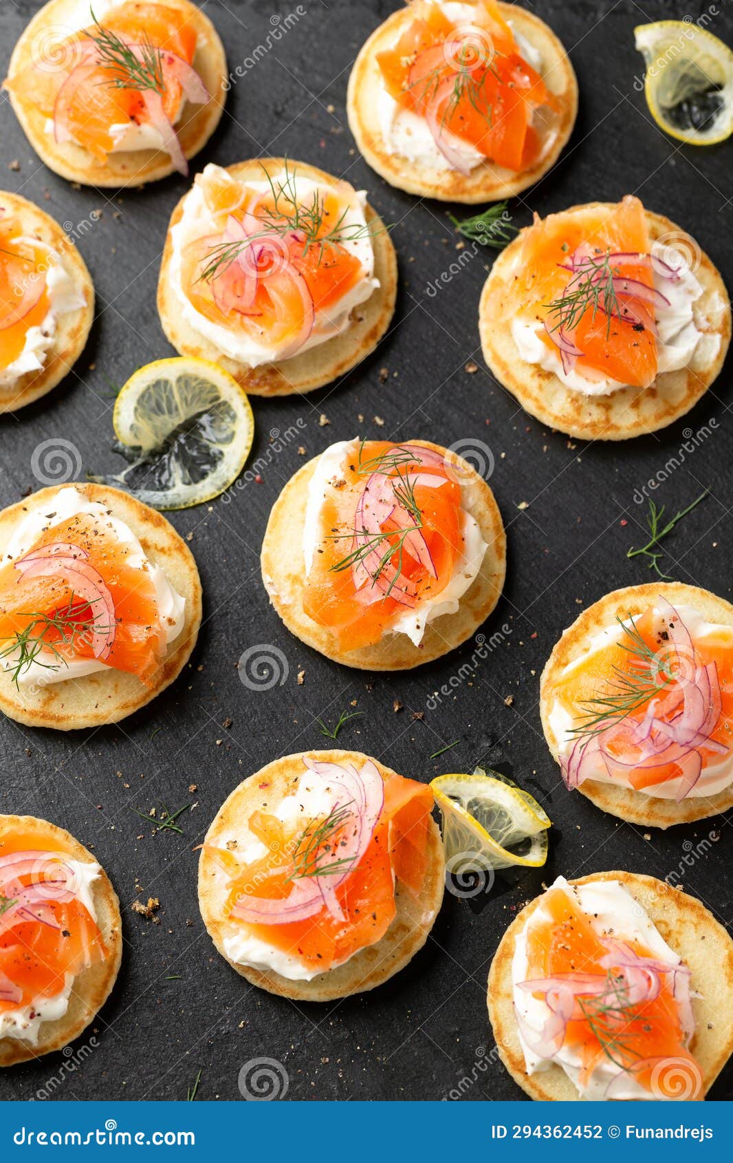 Mini Blini Pancakes with Soft Cheese, Cold Smoked Salmon and Dill Stock ...