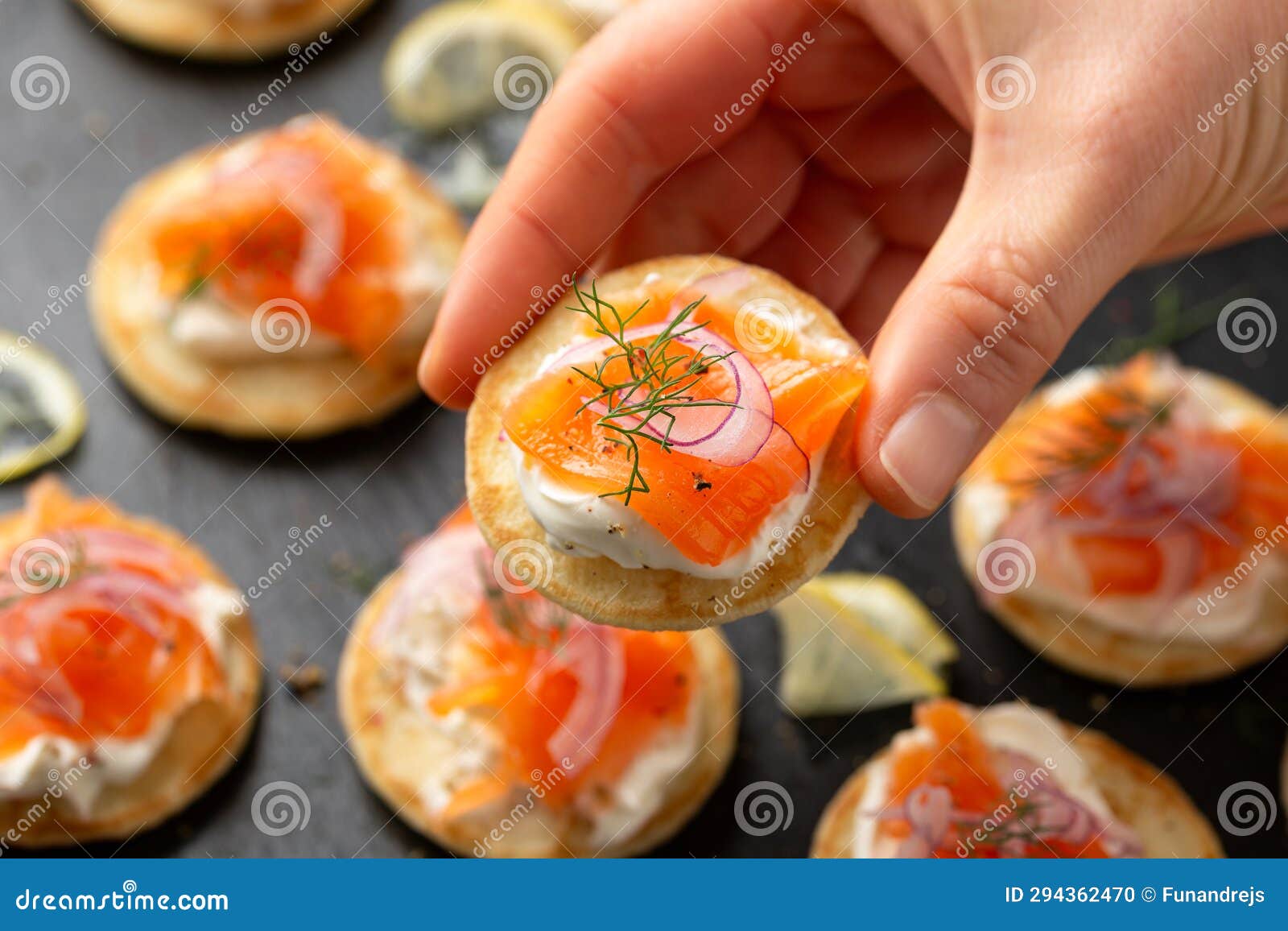 Mini Blini Pancakes with Soft Cheese, Cold Smoked Salmon and Dill Stock ...