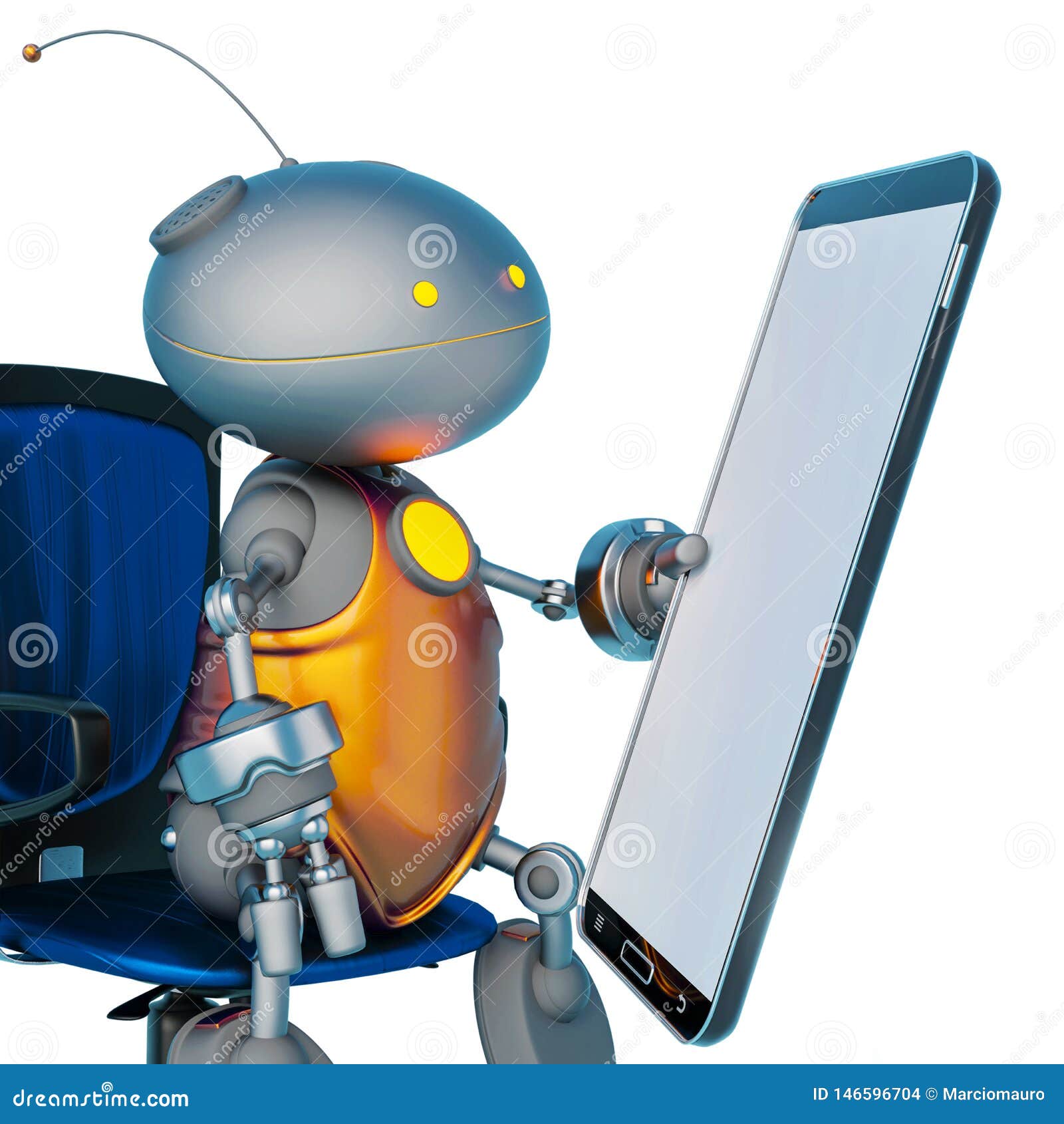 Mini Bot Holding a Cellphone in a White Background Stock Illustration ...