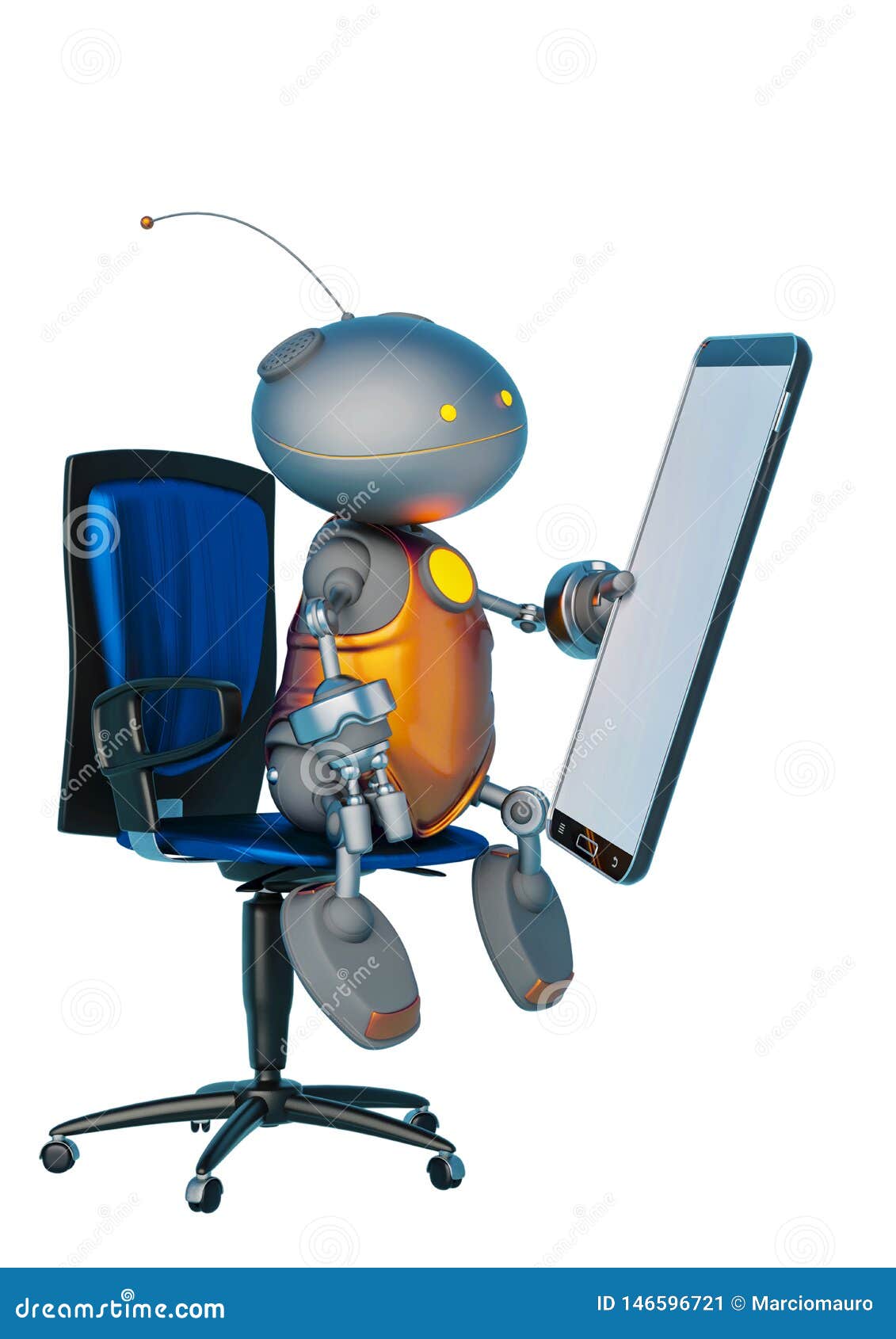 Mini Bot Holding a Cellphone in a White Background Stock Illustration ...