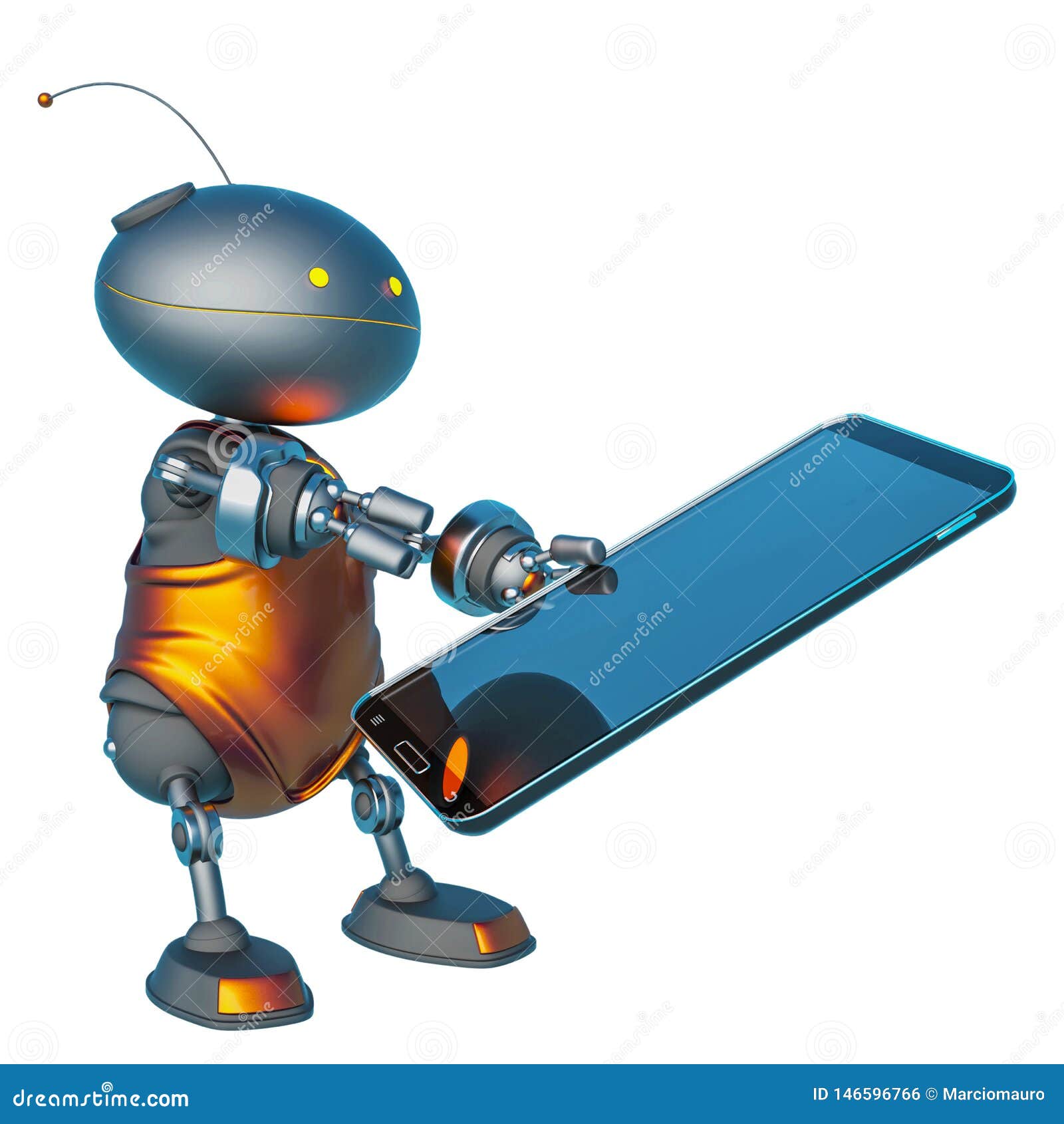 Mini Bot Holding a Cellphone in a White Background Stock Illustration ...