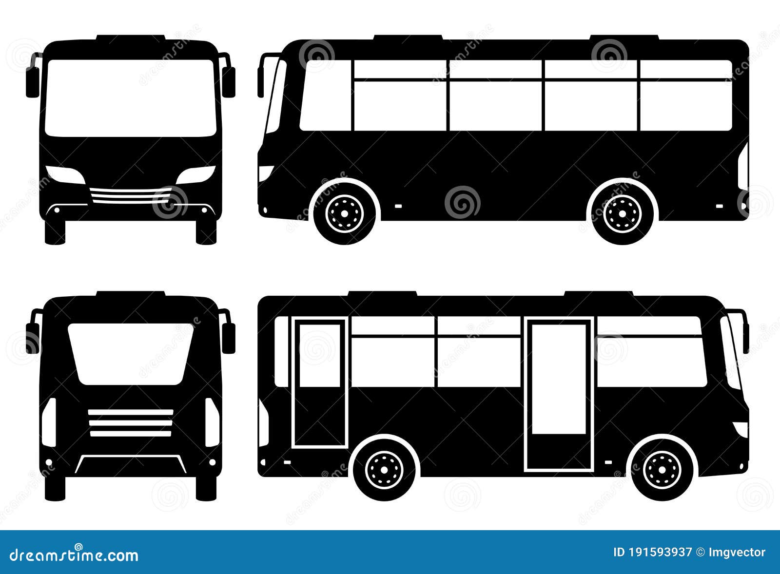 Mini Bus Silhouette Vector Illustration with Side, Front, Back, View ...