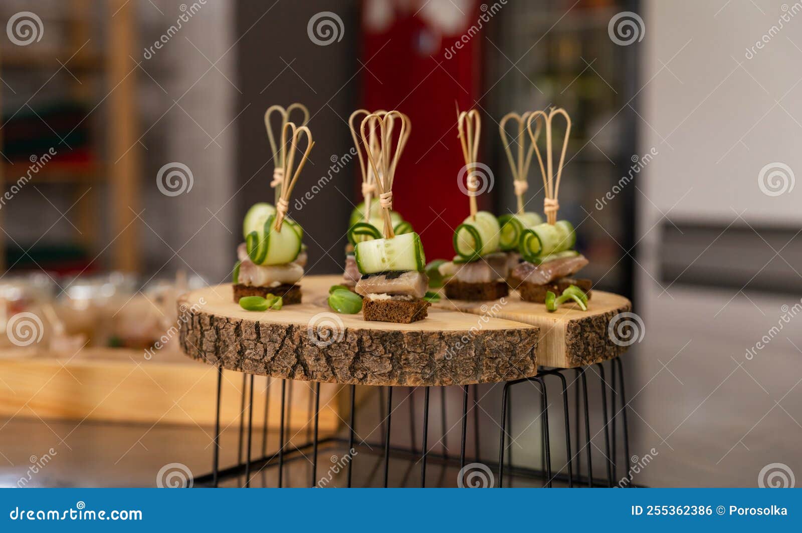 Mini Canapes on Rye Bread with Cucumber and Herring. Catering. Buffet ...
