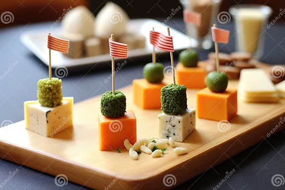 Mini Cheese Platter with Toothpicks and Appetizer Flags Stock Image ...