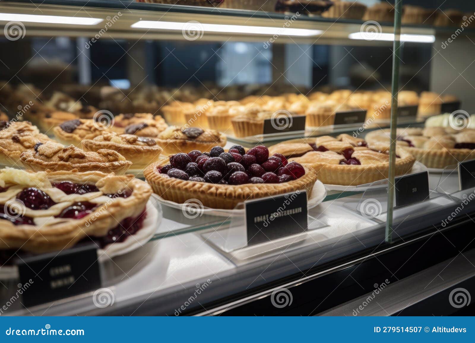 Mini Cherry Pies on Display in Bakery Case, Surrounded by Pastries and ...
