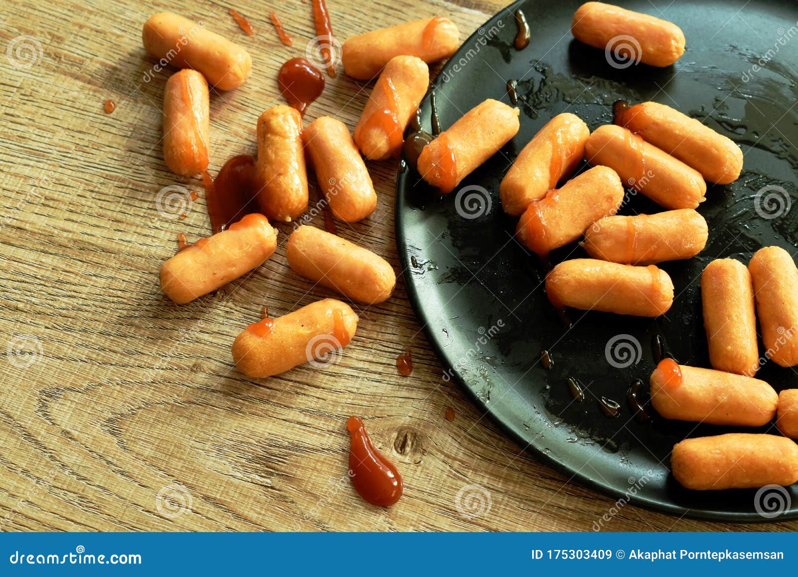 Mini Chicken Sausage on Plate Dressing with Ketchup Stock Image - Image ...