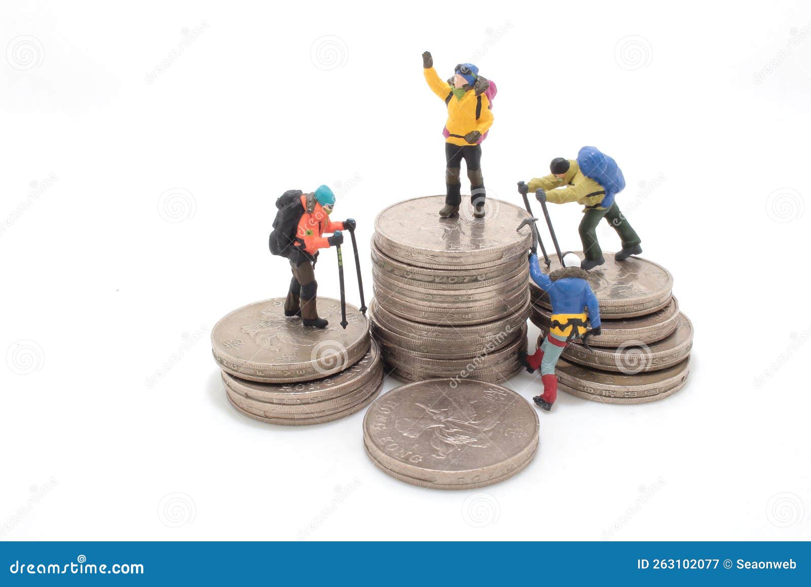 A Mini Climbers Team Climbing on Stack of Coins Stock Image - Image of ...