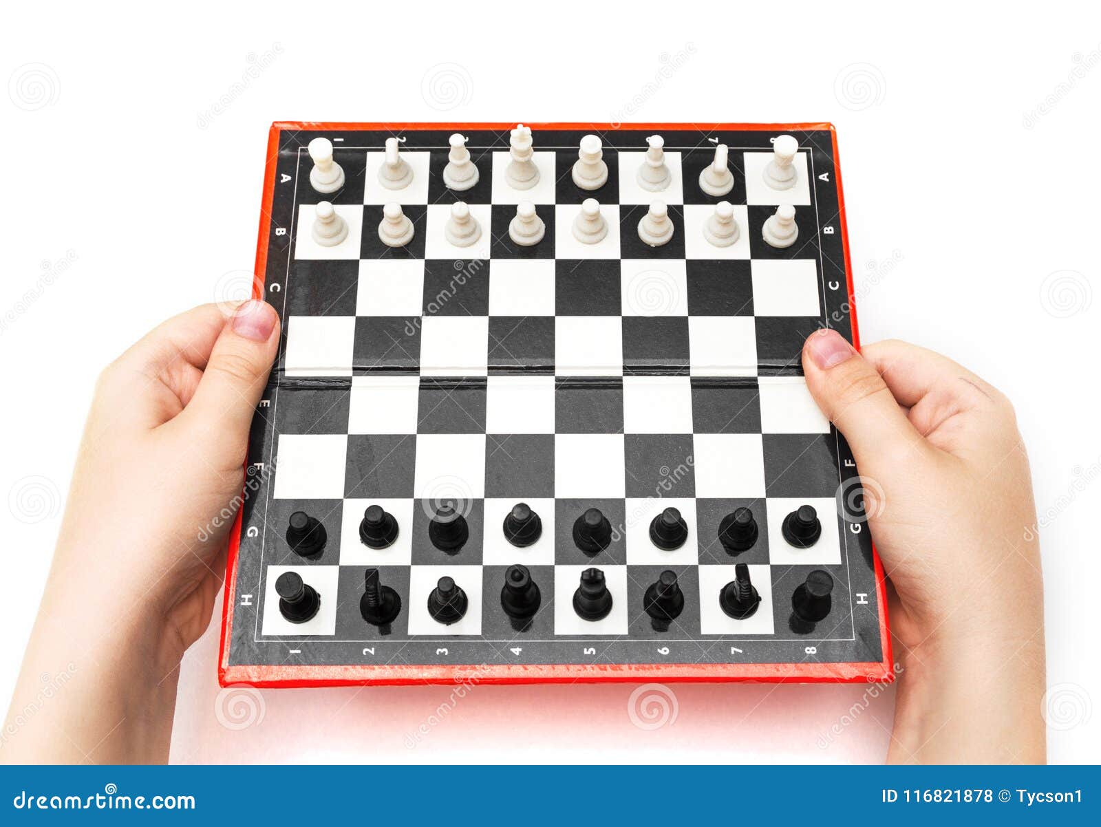Mini Compact Chess with Small Figures in Hands Stock Photo - Image of ...