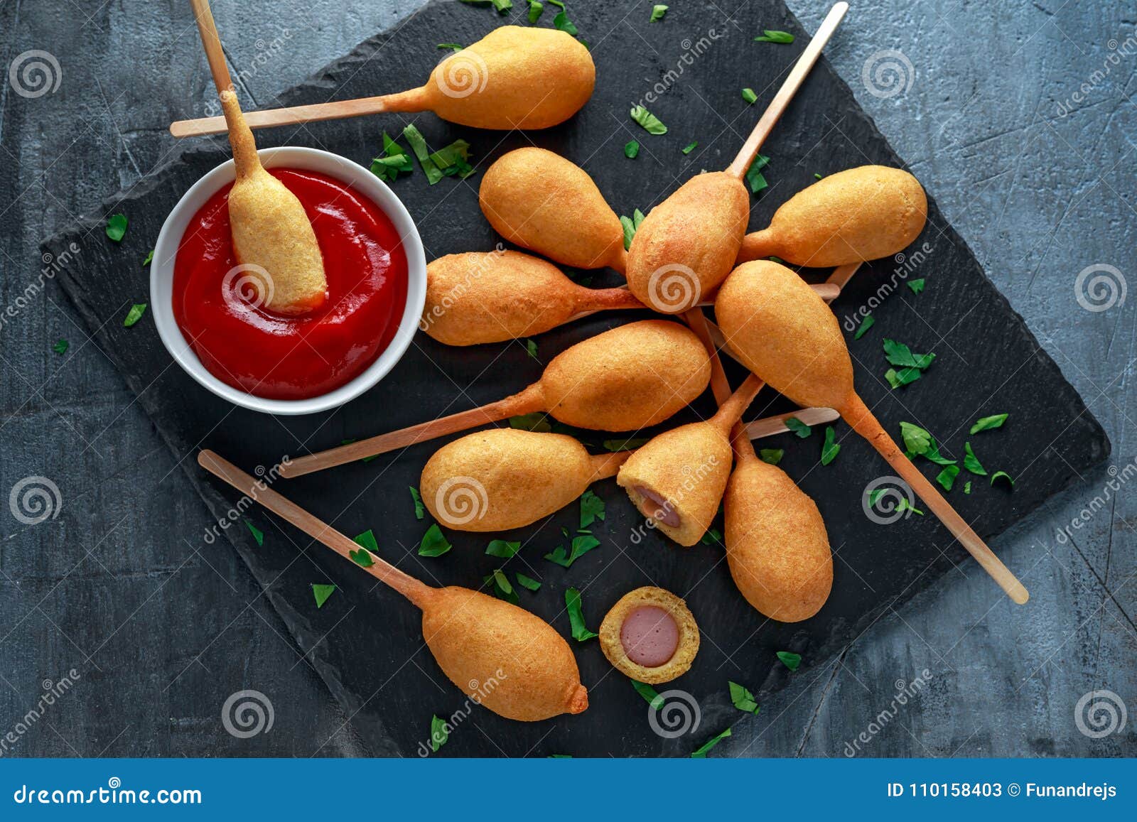 Mini Corn Dogs on Stone Platter with Ketchup Stock Image - Image of ...