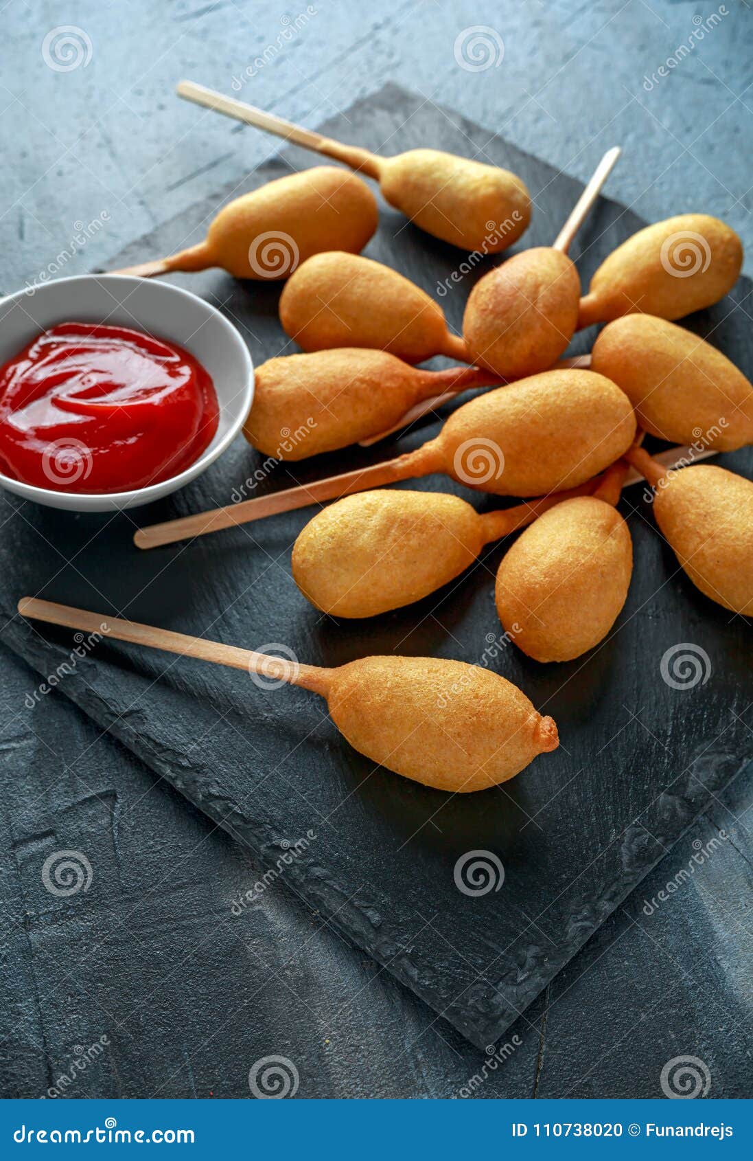 Mini Corn Dogs on Stone Platter with Ketchup Stock Photo - Image of ...