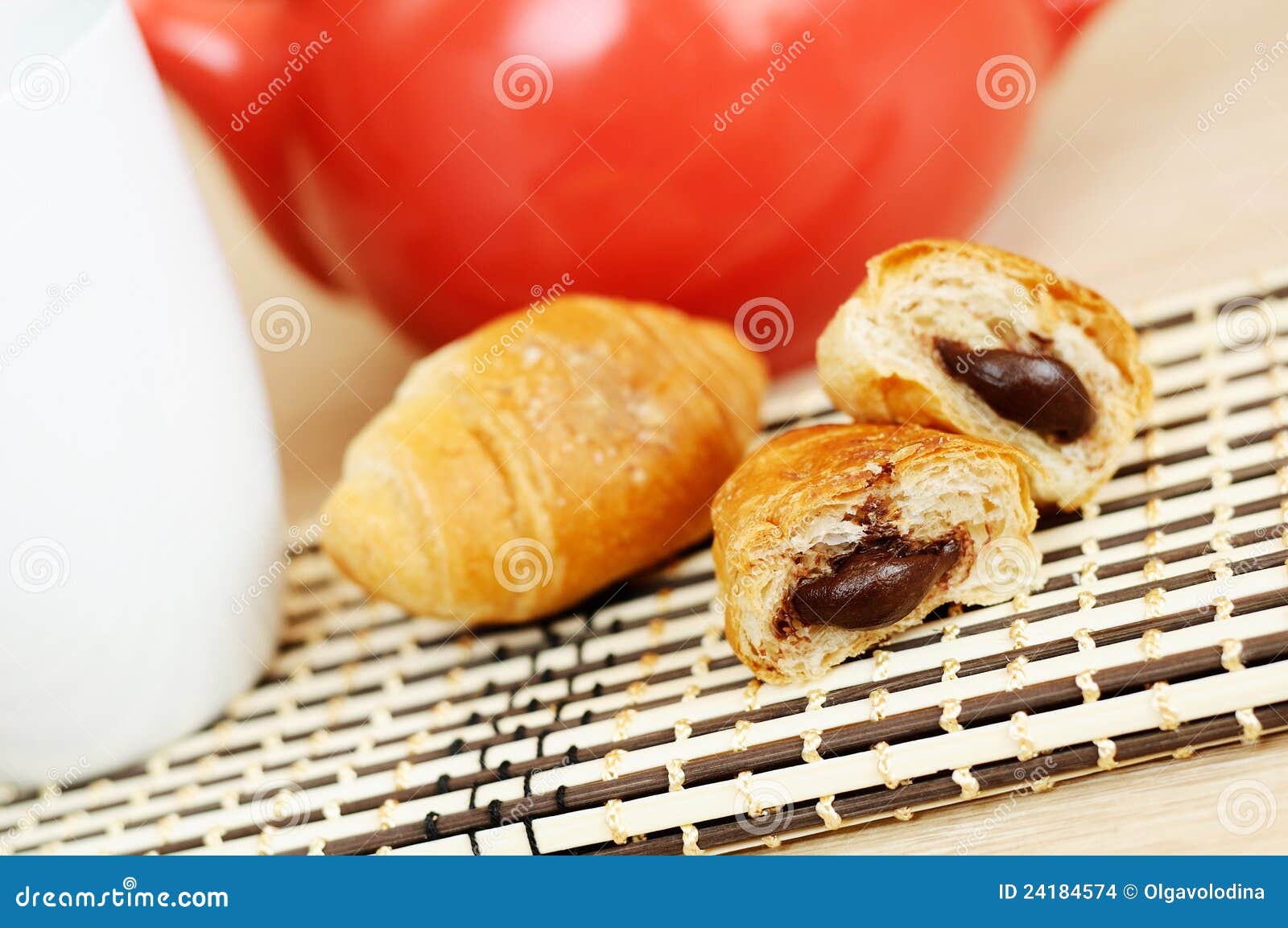 Mini Croissants with Chocolate Stock Photo - Image of filling ...