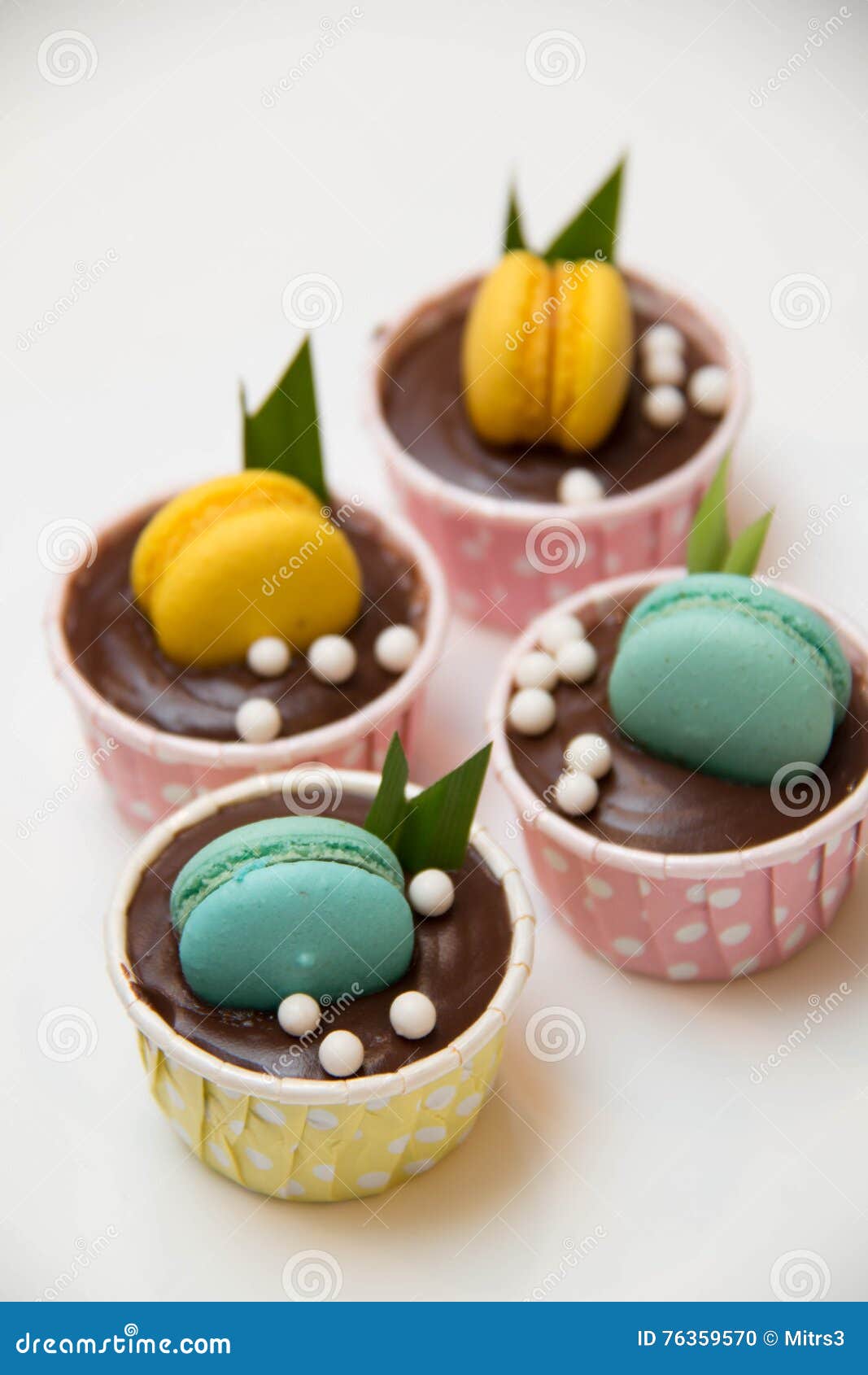 Mini Cup Cakes Decorated Macaroon on Top Stock Photo - Image of ...