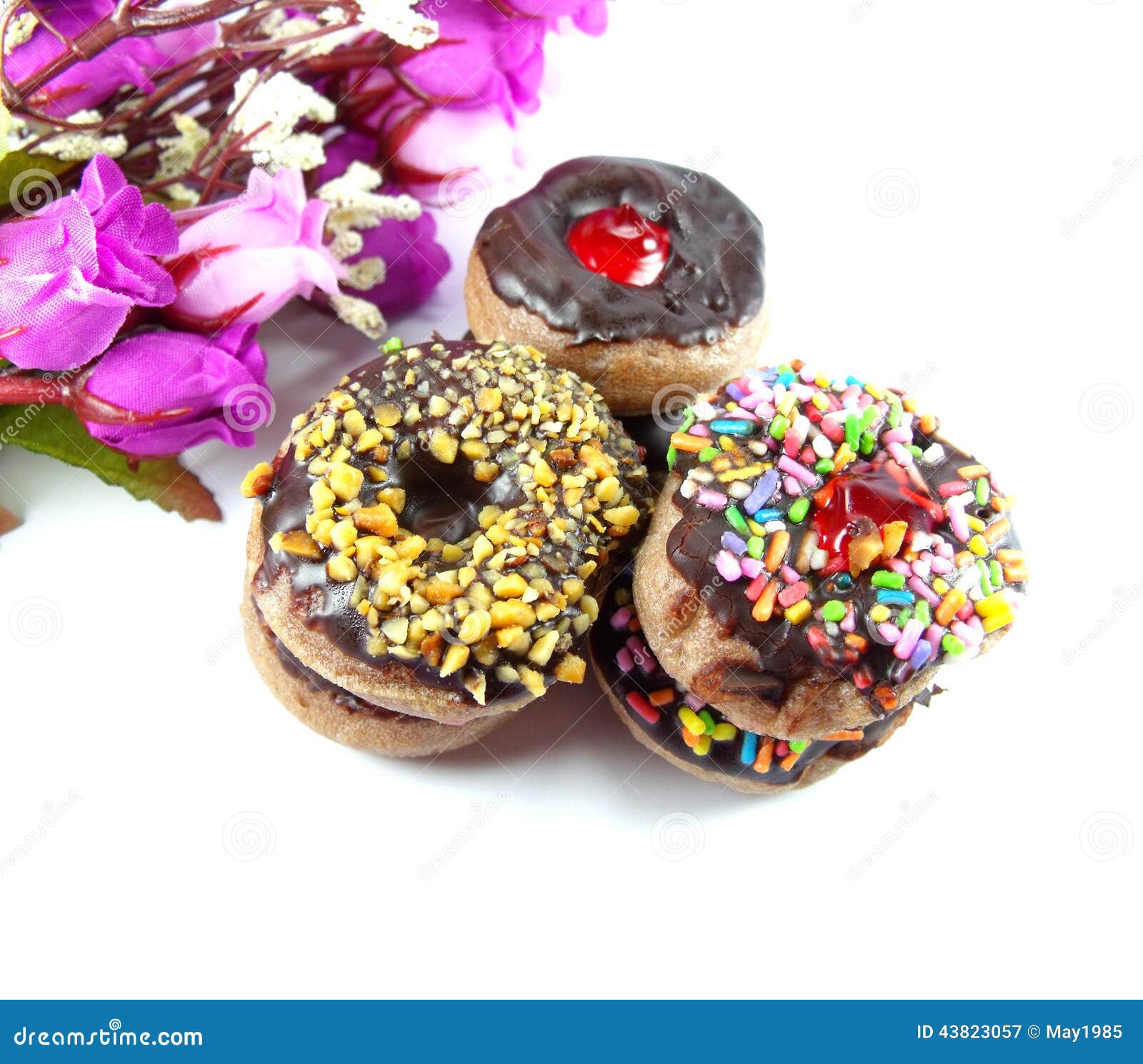 Mini Doughnuts with Chocolate on White Background Stock Image - Image ...