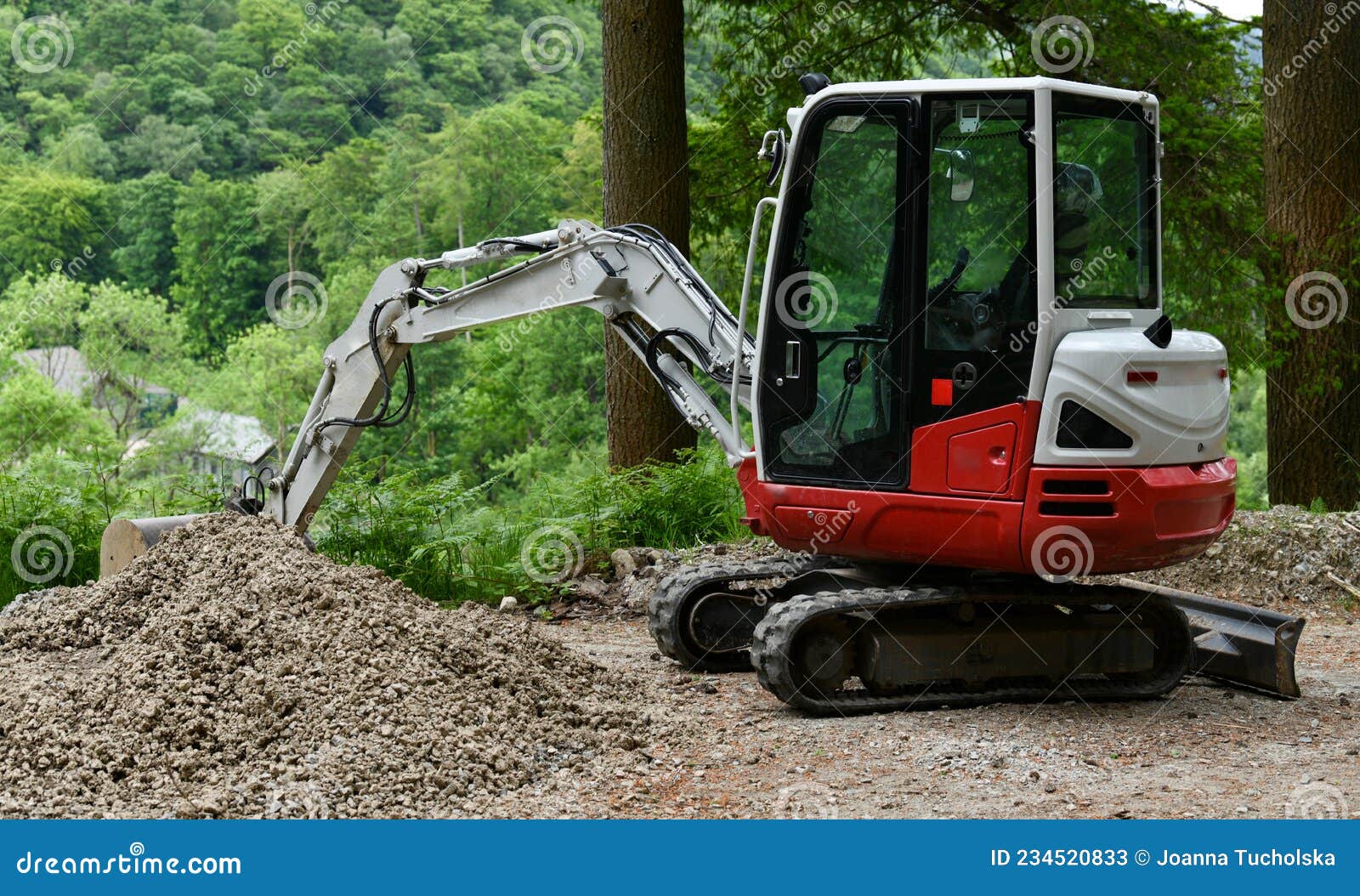 Mini Excavator on the Mountain Surrounded by Trees Stock Image - Image ...